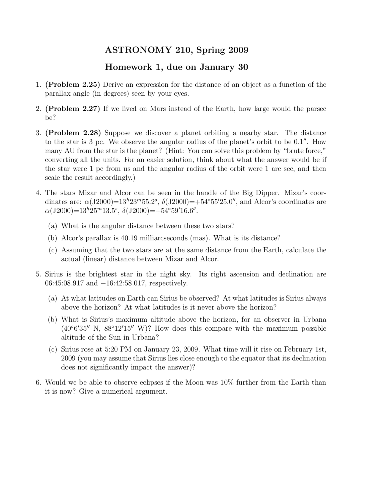 6 Problems For Assignment 1 Introduction To Astrophysics Astr 210
