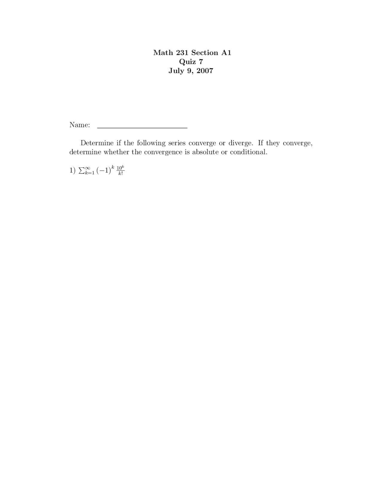 Quiz 7 On Converge And Diverge Calculus Ii Math 231 Docsity