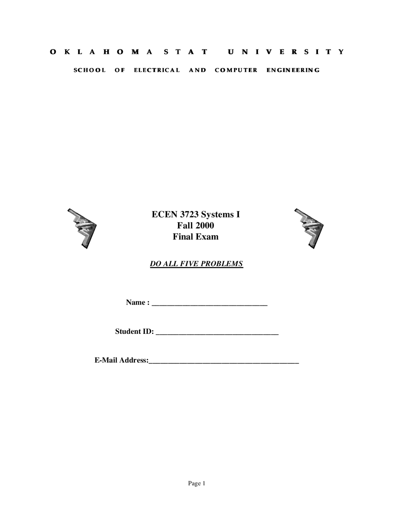 5 Problems On Laplace Transforms In System I Final Exam Ecen 3723