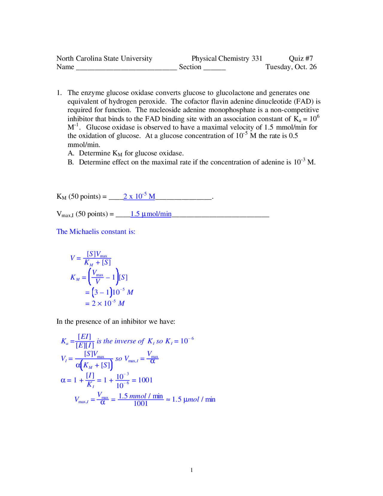 Introductory Physical Chemistry Solved Quiz 7 Ch 331 Quizzes