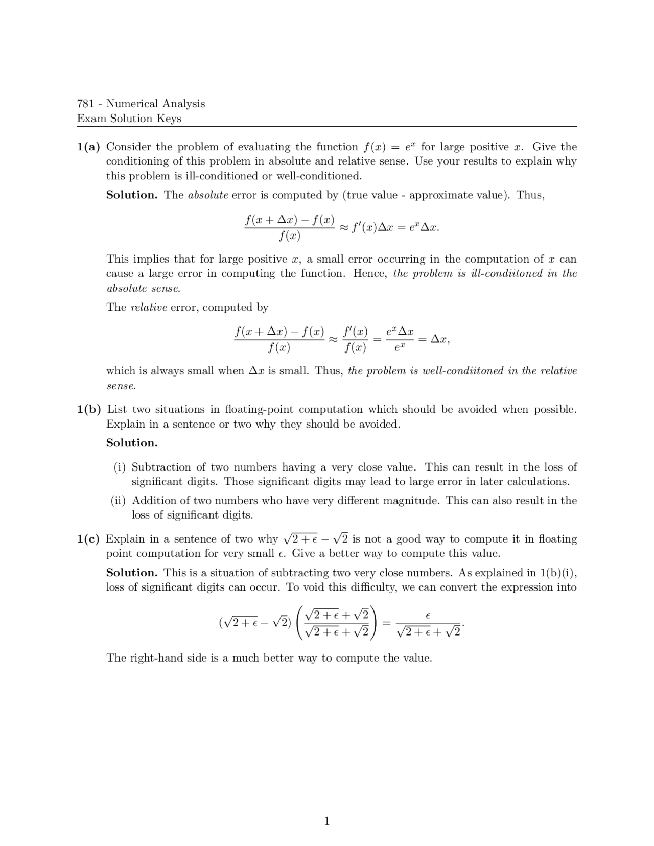 4 Questions With Solutions On Numerical Analysis I Exam Math 781