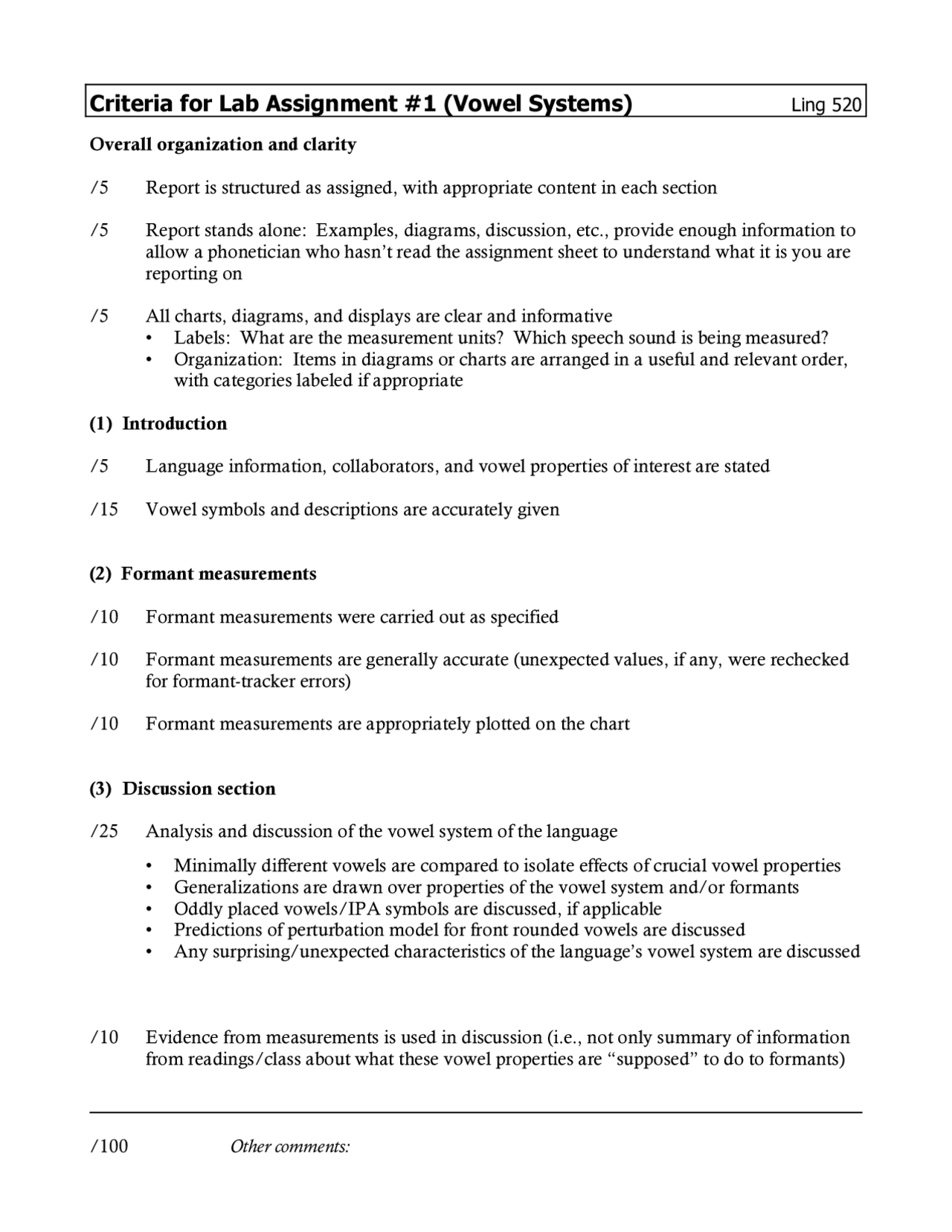 Assignment 1 Vowel Systems Linguistic Phonetics Ling 520 Docsity