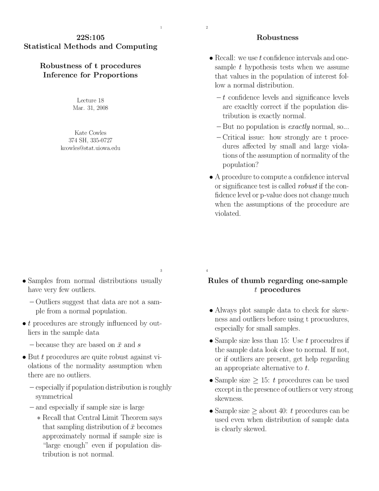 Robustness of t-procedures and Inference for Population Proportions ...