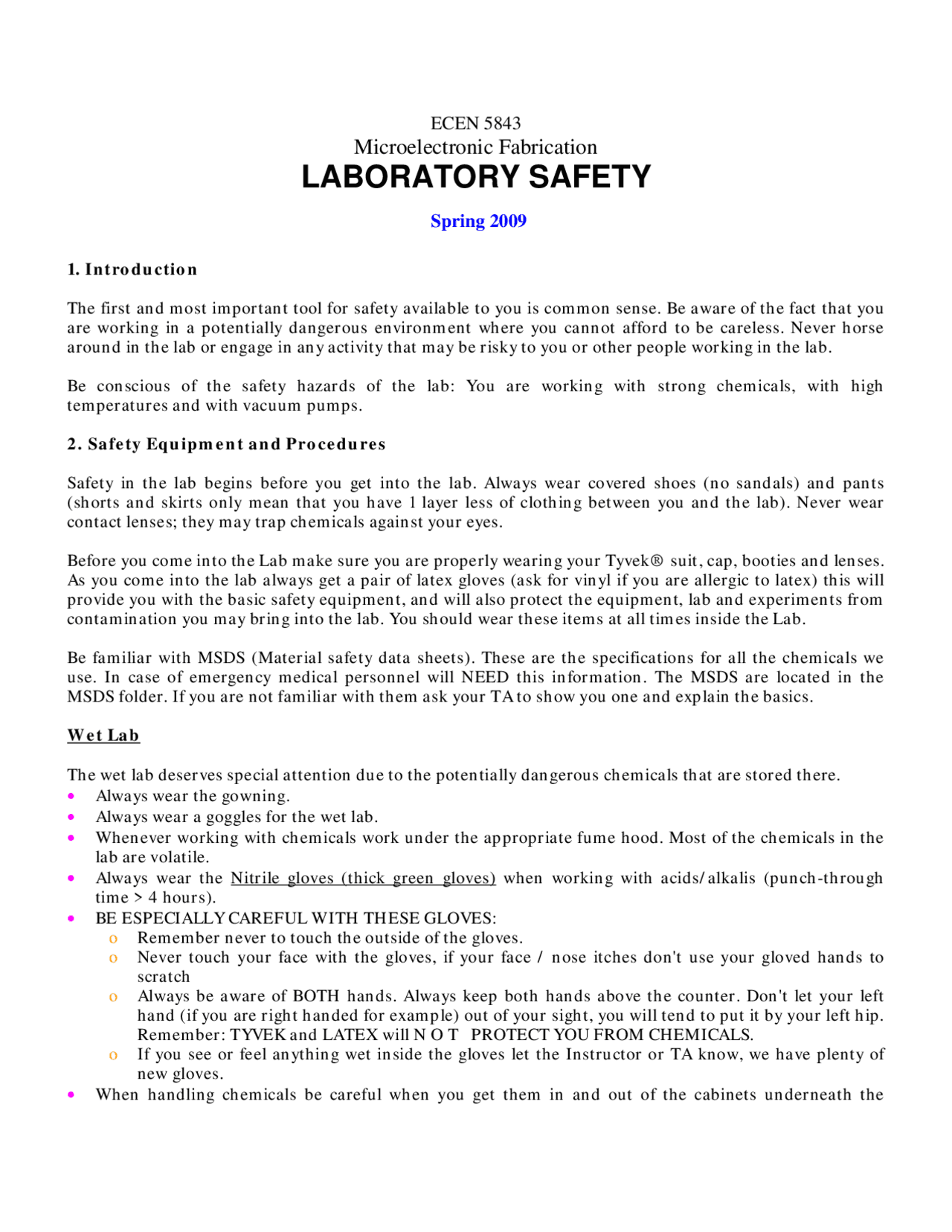Notes on Laboratory Safety - Microelectronic Fabrication | ECEN 5843 ...
