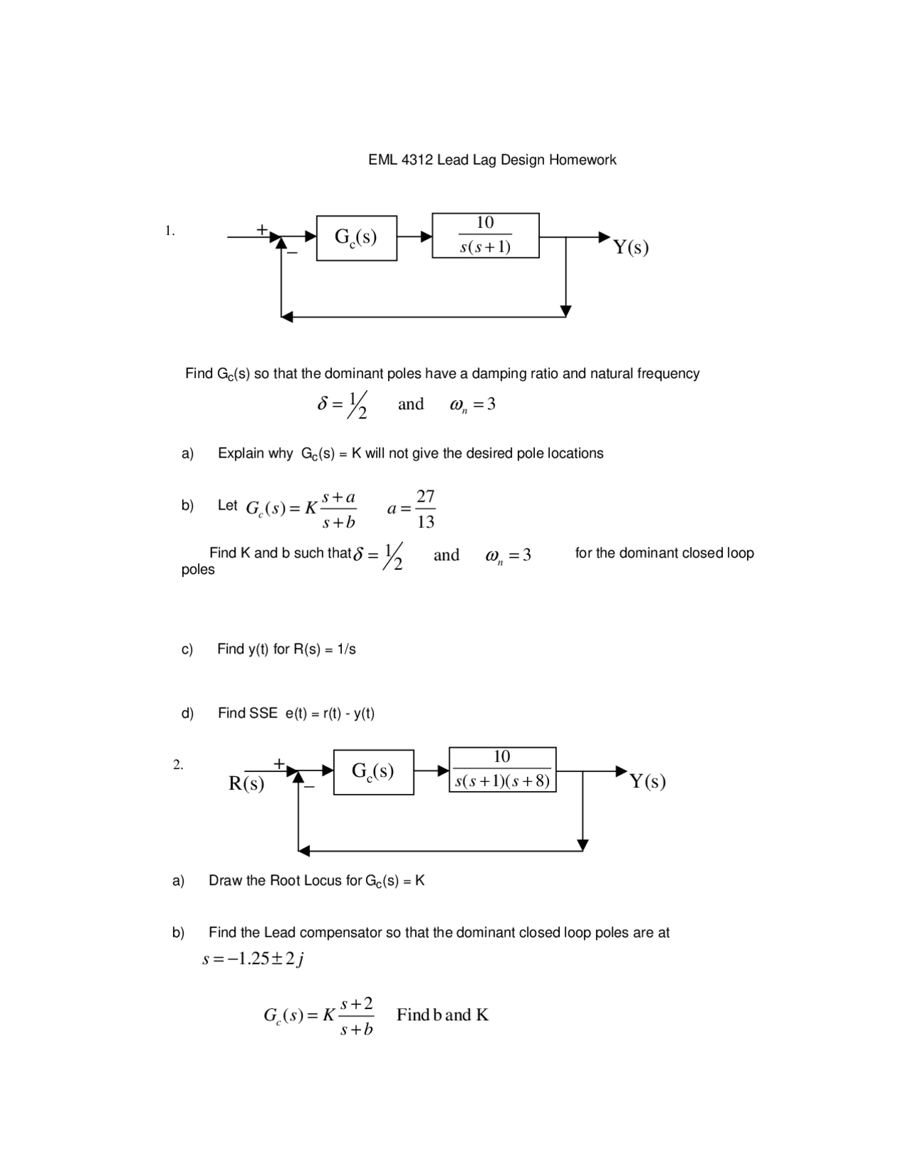 Lead Lag Design - Control of Mechanical Engineering Systems - Homework | EML 4312 - Docsity