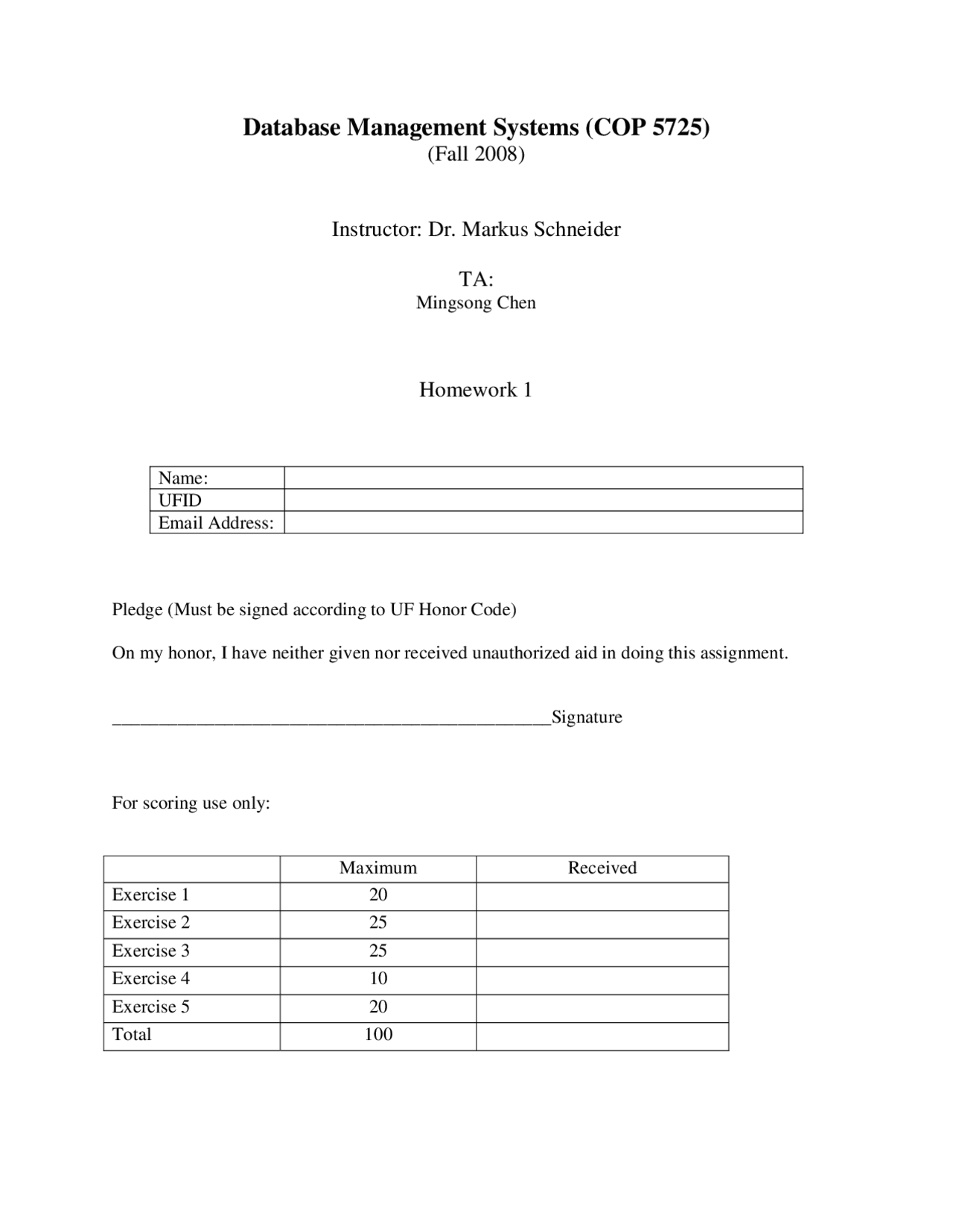 Homework 1 On Database Management System Cop 5725 Docsity