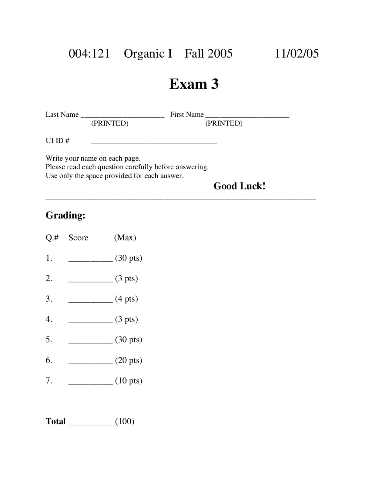 Multiple choice exercises for organic chemistry exam 3, Fall 2005 | 004 ...