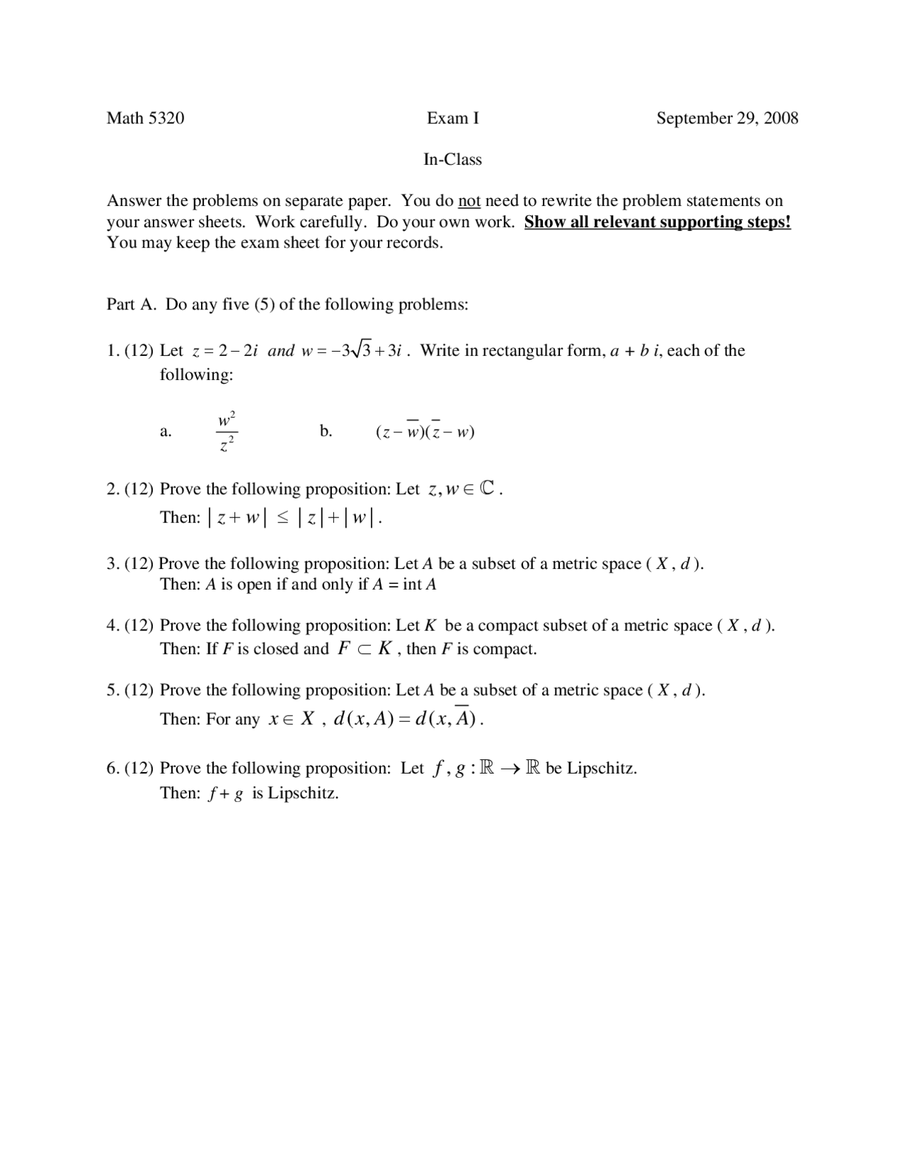 8 Solved Questions on Subsets of Matrix Space - Exam 1 | MATH 5320 - Docsity