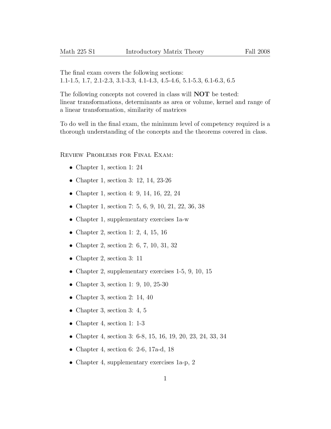Review Problems For Final Introductory Matrix Theory Math 225 Docsity
