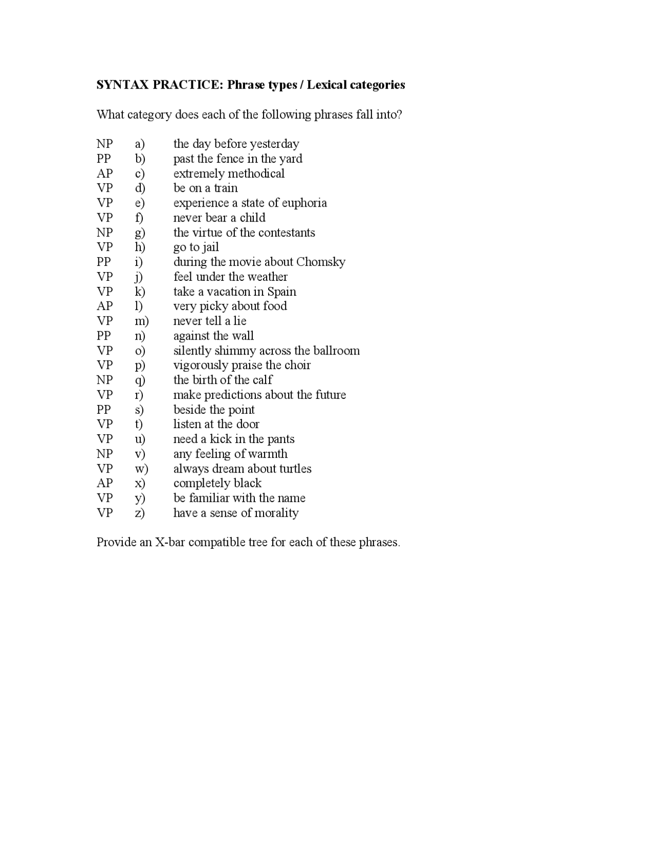 Syntax Practice Phrase Types Introduction To Language Ling 101
