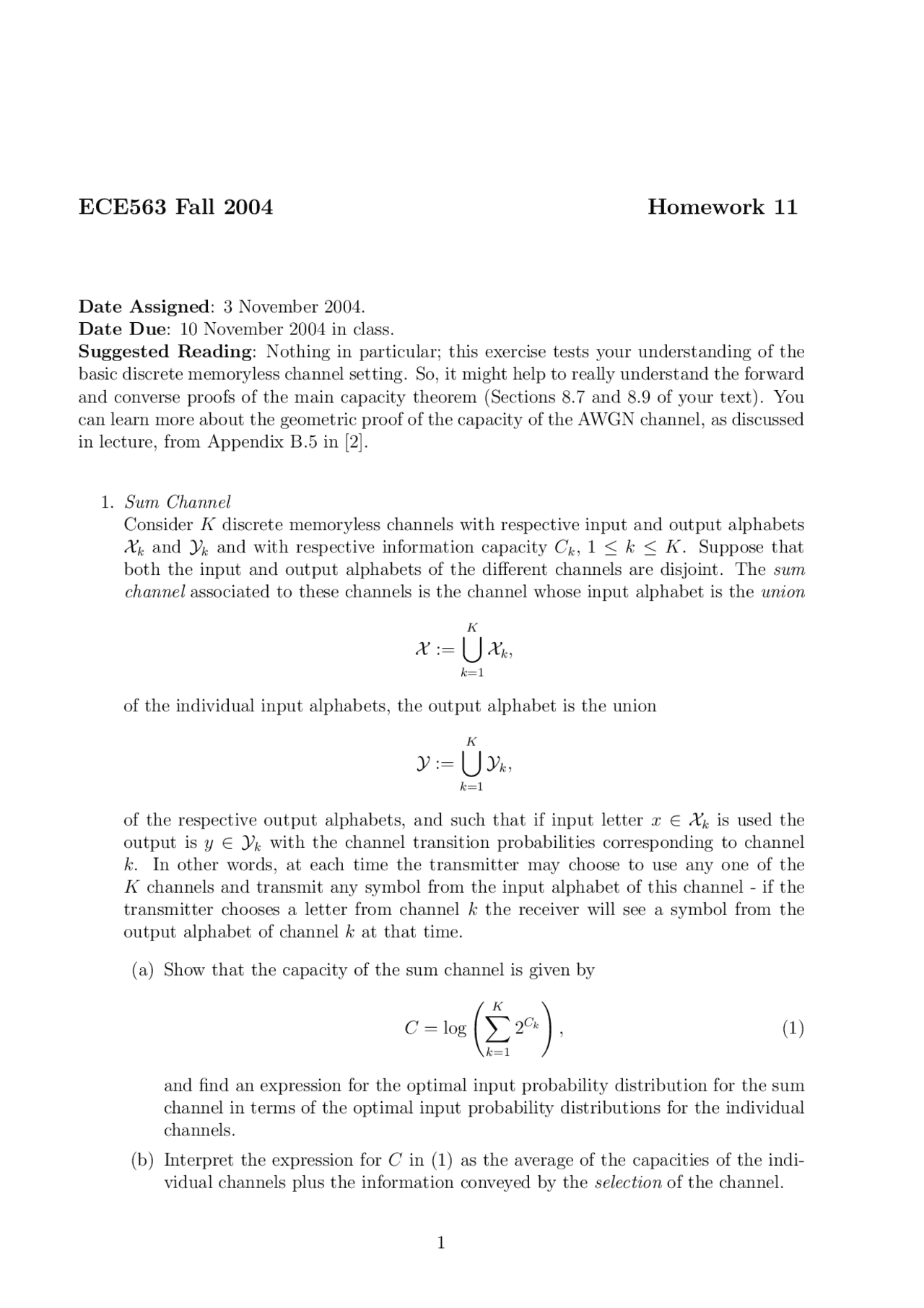 Homework 11 Information Theory Fall 2004 Ece 563 Docsity