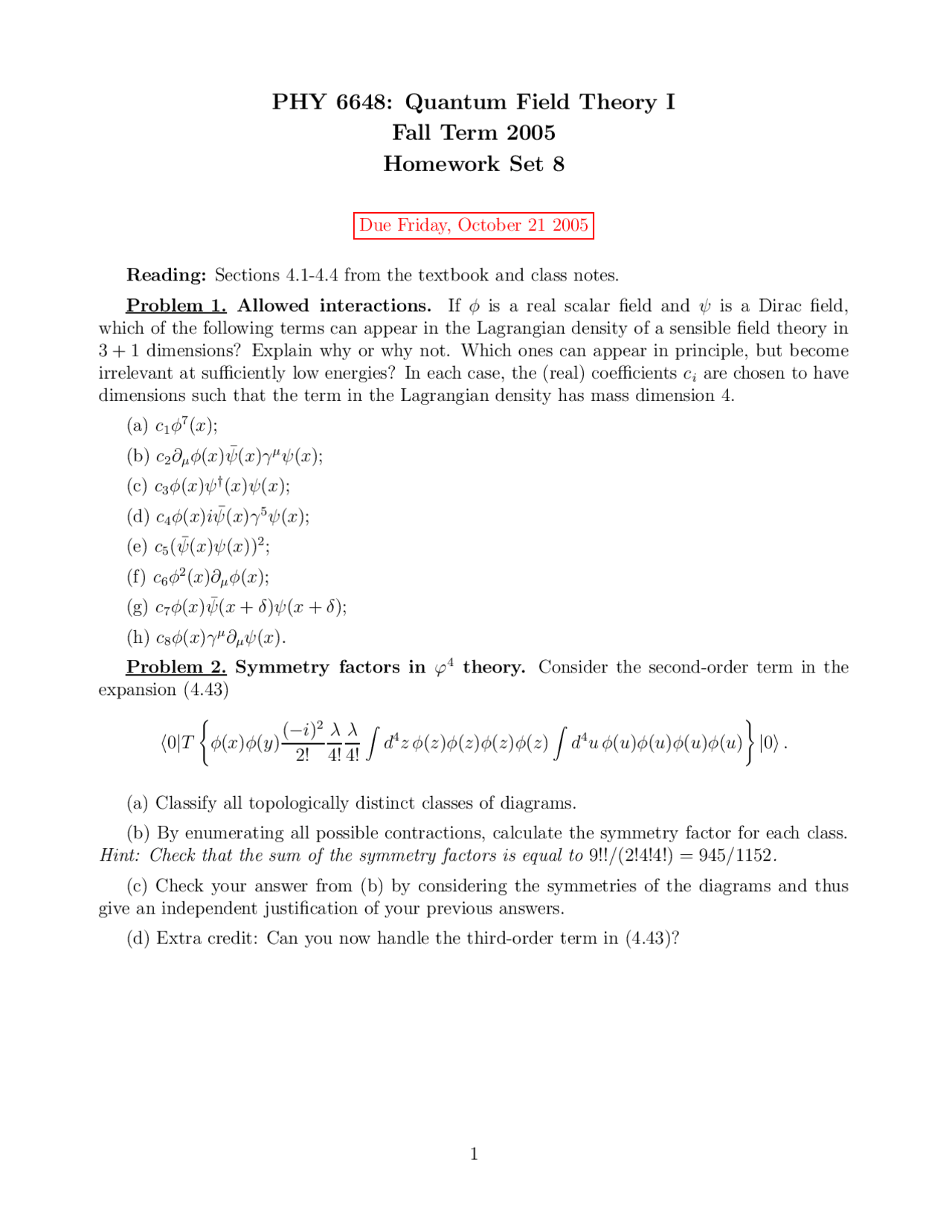 Homework Set 8 Quantum Field Theory I Phy 6648 Docsity
