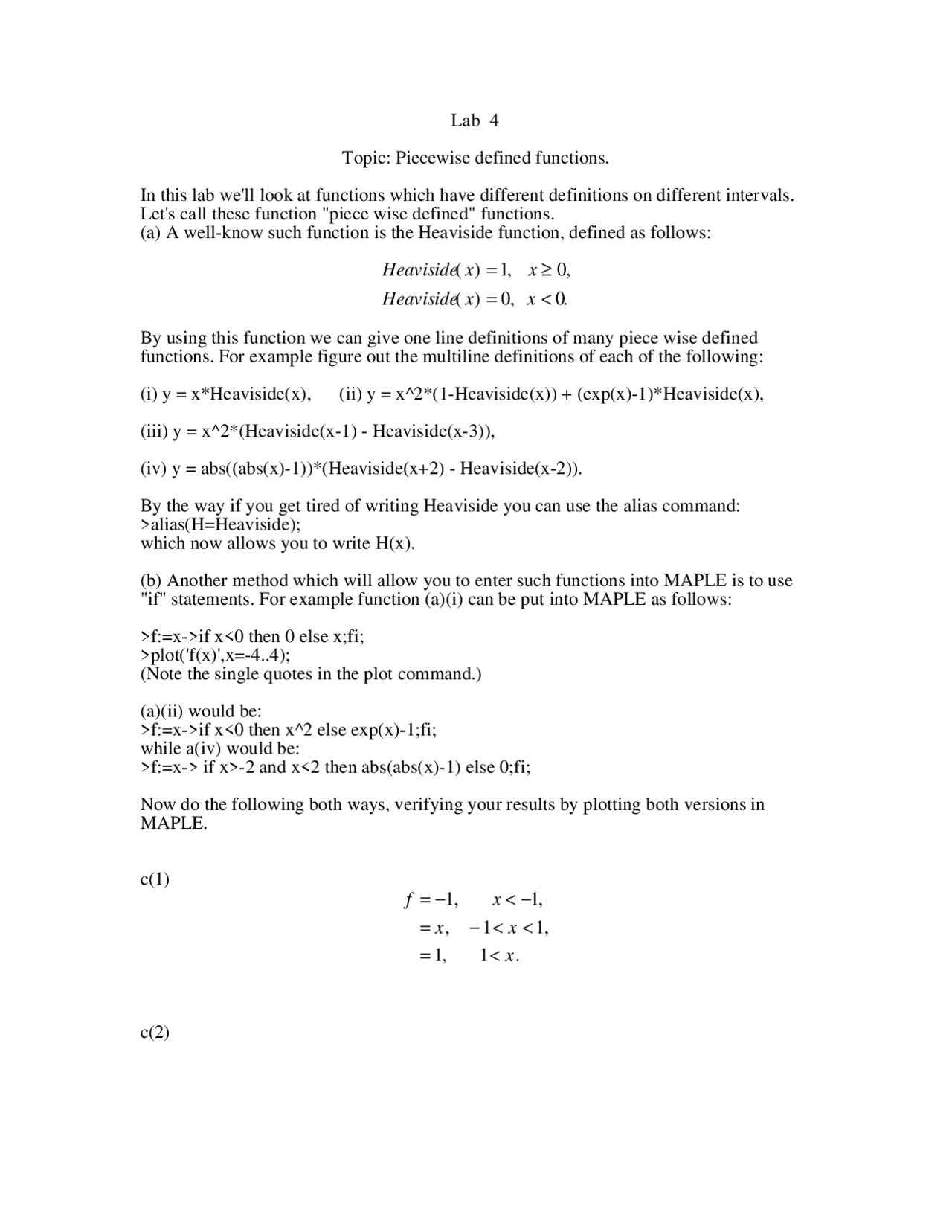 Piecewise Defined Functions - Lab 4 | MA 141 - Docsity