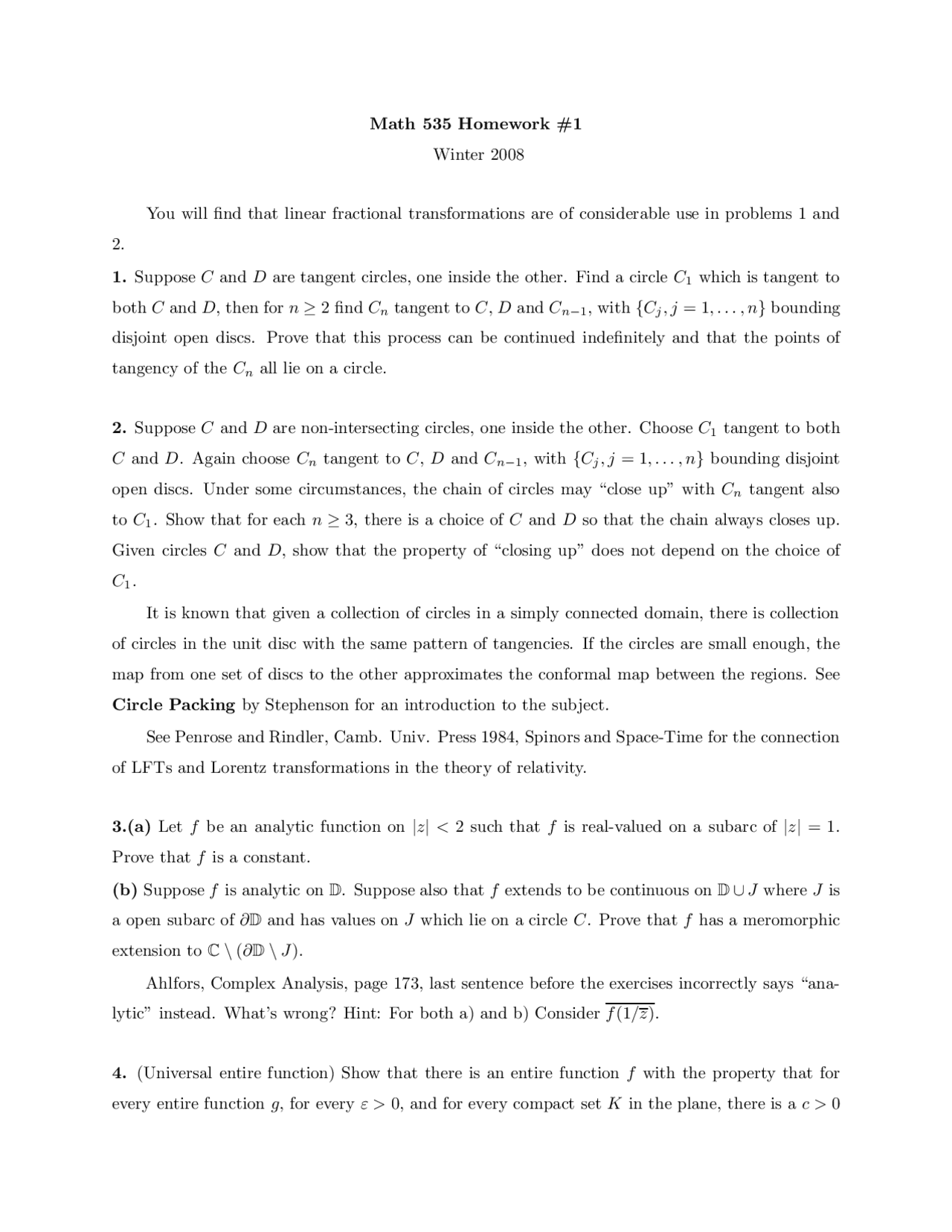 6 Questions For Assignment 1 Complex Analysis Math 535 Docsity
