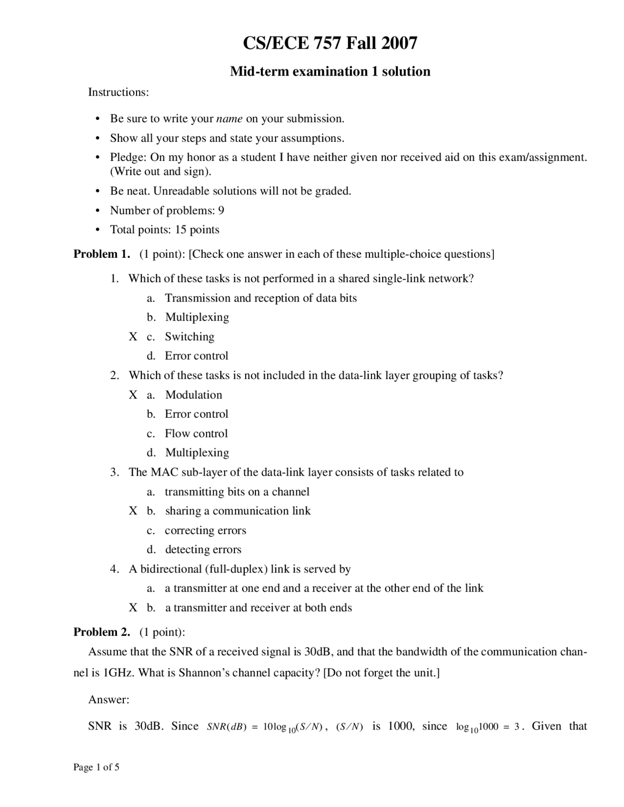 Midterm Exam 1 With Solutions Computer Networks Fall 2007 Ece