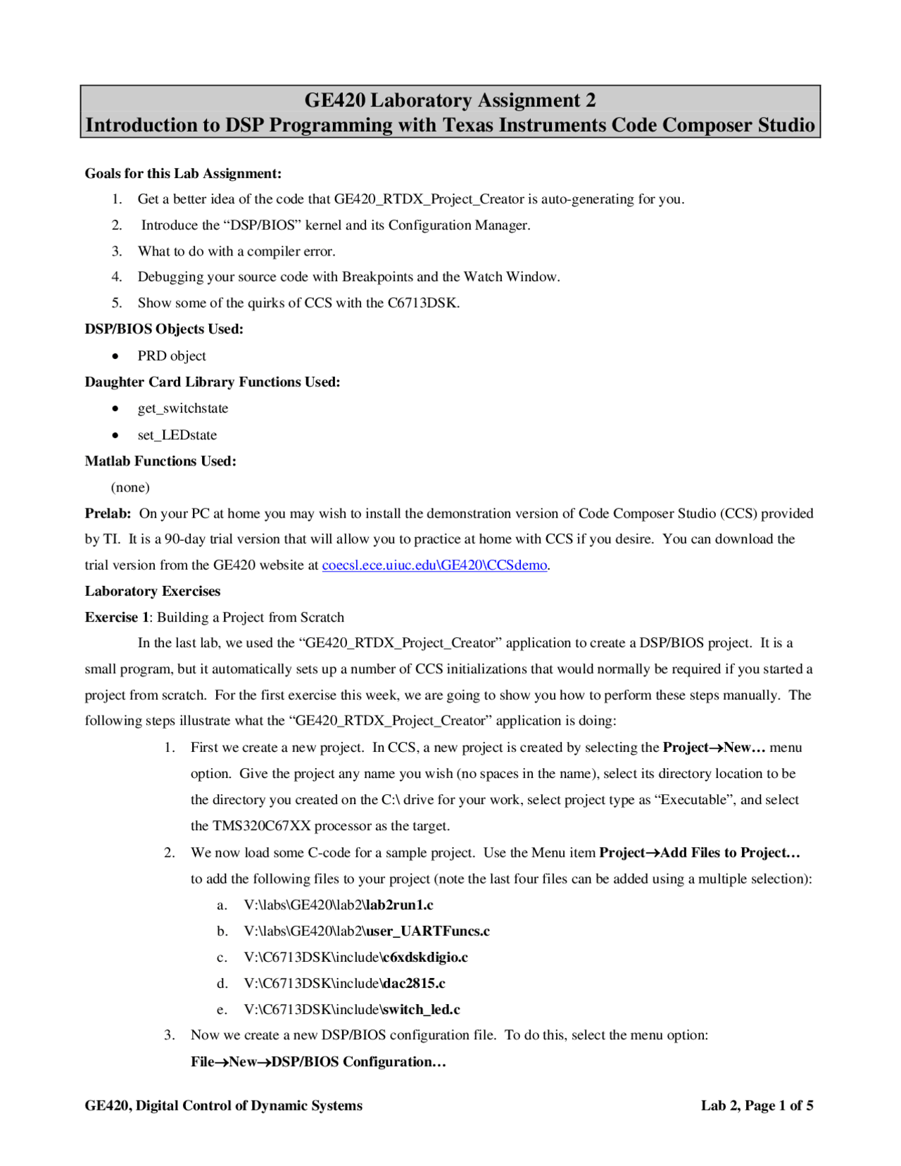 GE420 Lab 2: Digital Control - DSP Programming with TI Code Composer Studio | Assignments ...