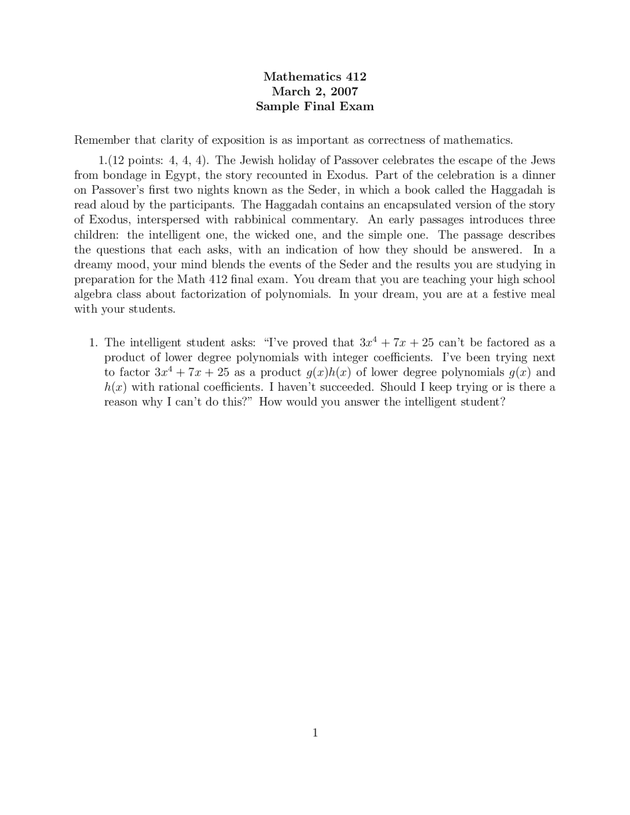 Sample Final Exam - Introduction to Modern Algebra for Teachers | MATH 412 - Docsity