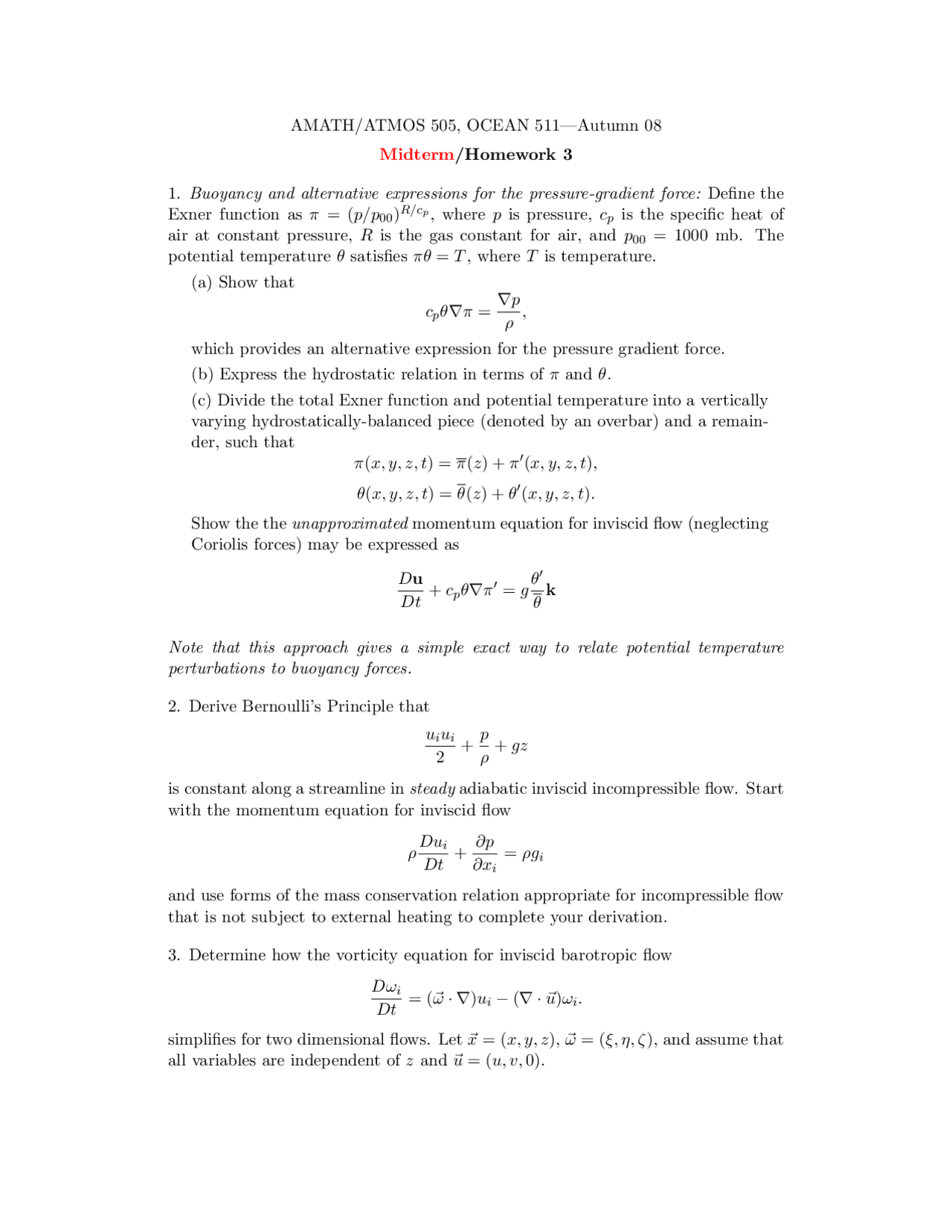 Midterm Homework 3 Fluid Dynamics Fall 2008 Ocean 511 Docsity