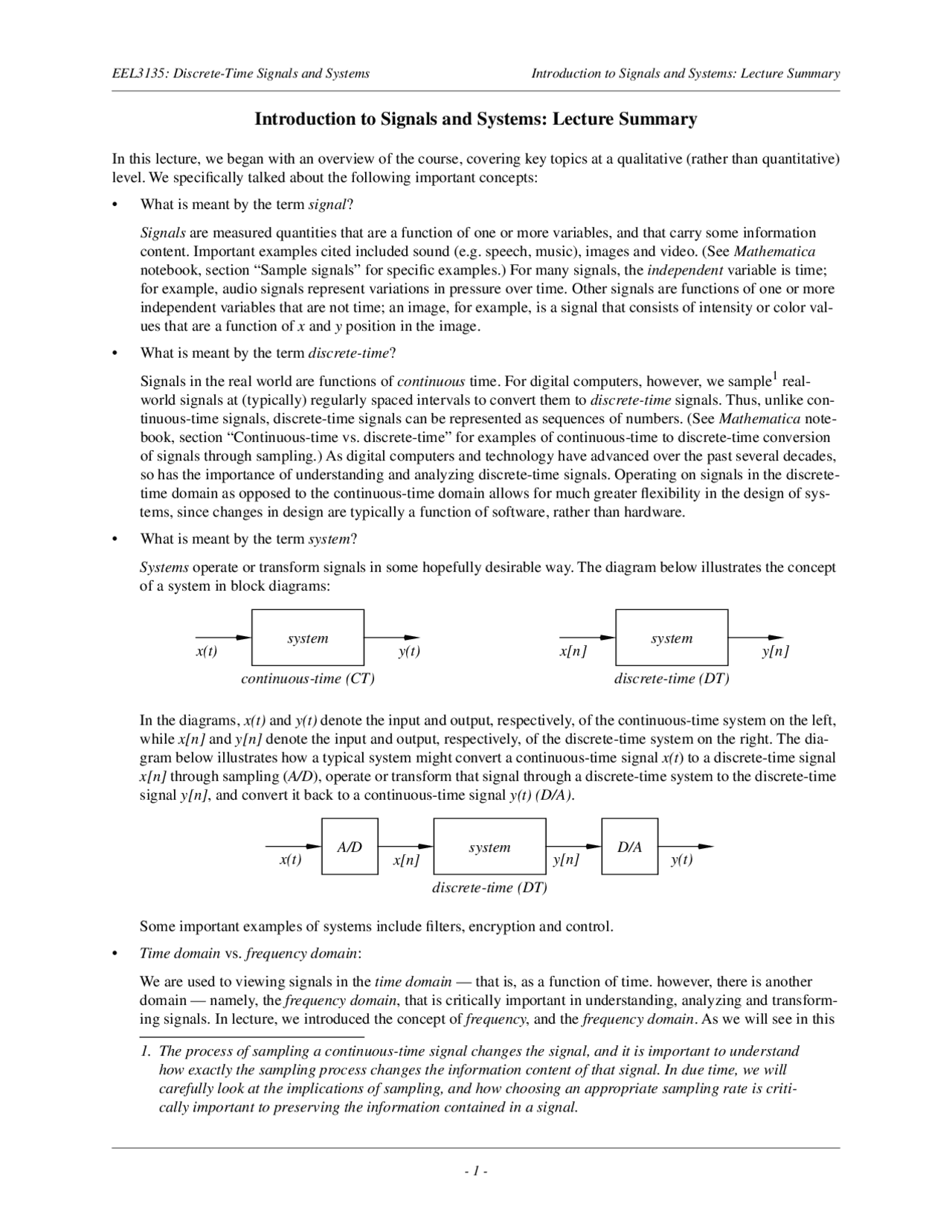 Introduction To Signals And Systems Lecture Summary Eel 3135 Docsity