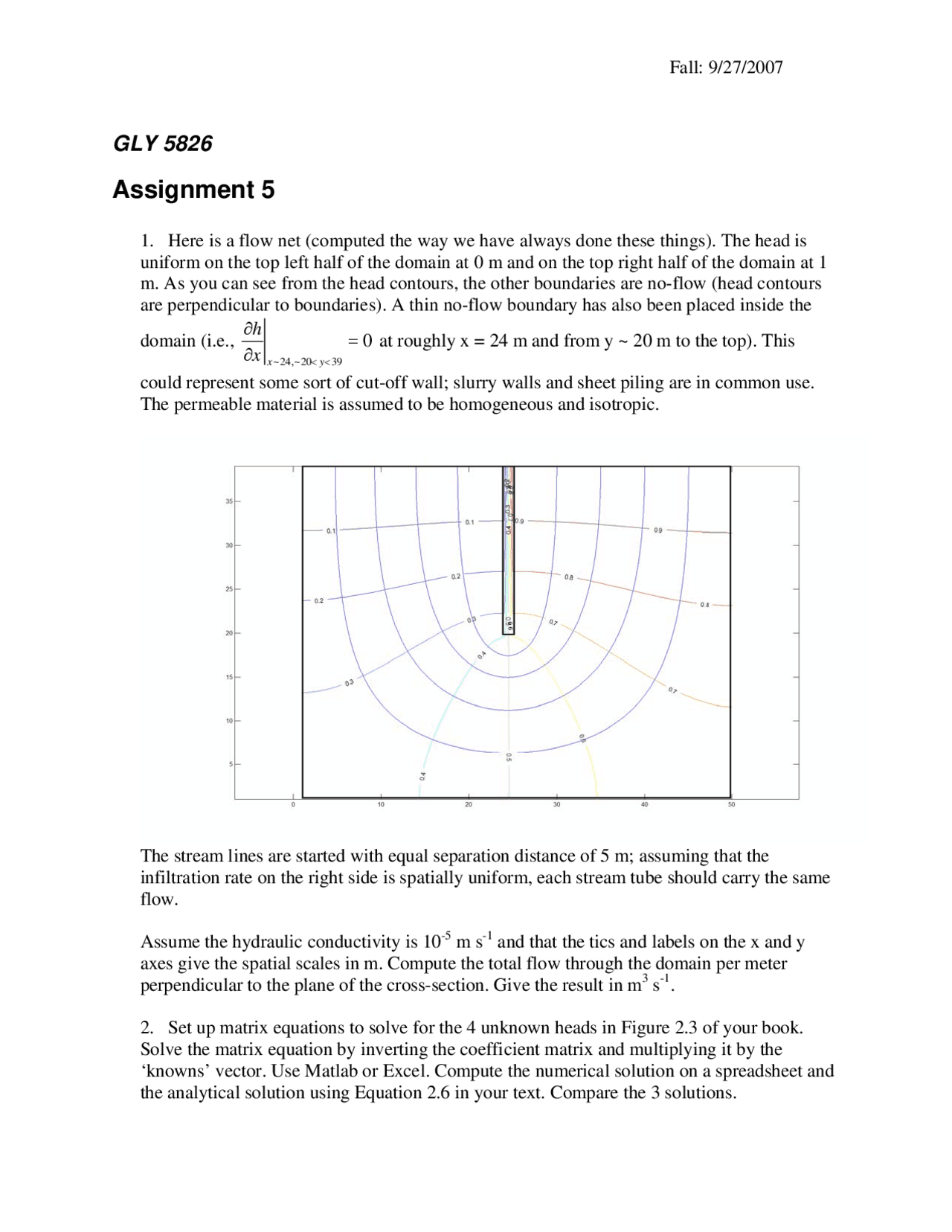 Compute Total Flow Through Domain Per Meter Assignment 5 Gly 5826