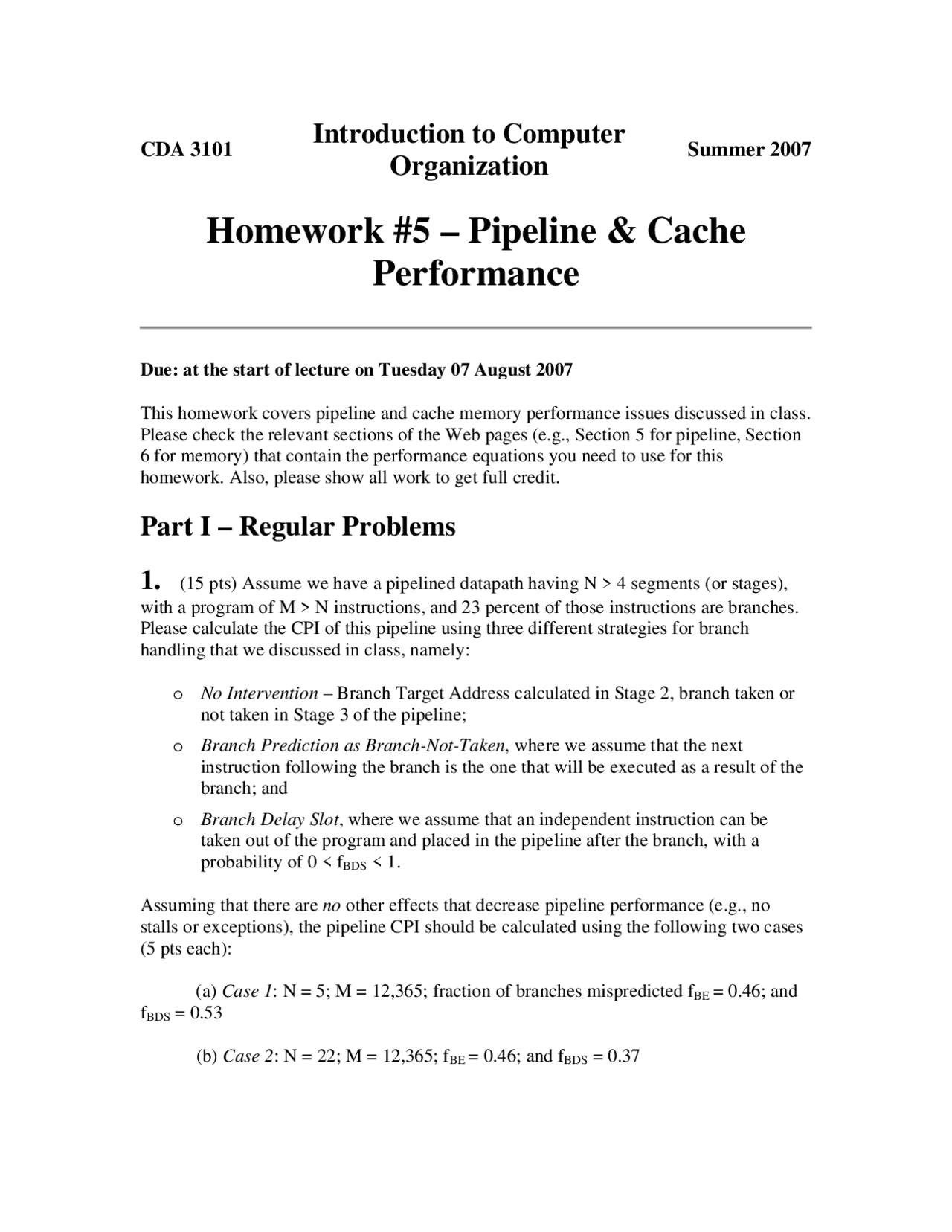 Pipeline and Cache Performance - Homework Five | CDA 3101 | Assignments Computer Architecture ...