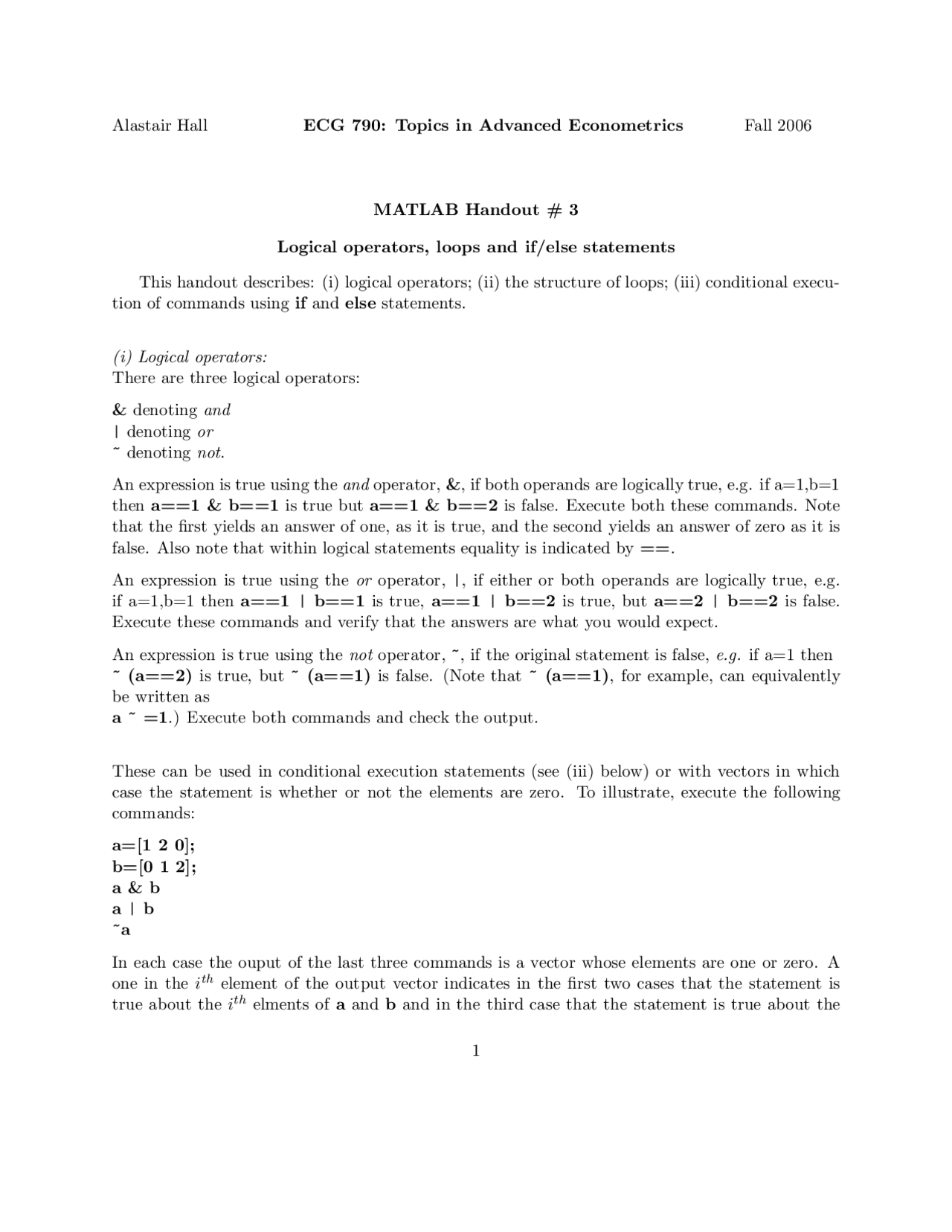 Notes On Logical Operators Loops Matlab Handout 3 Ecg 790c Docsity
