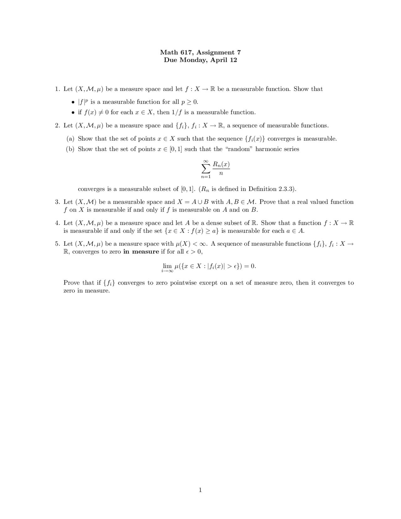 Assignment 7 Integration And Measure Theory Math 617 Docsity