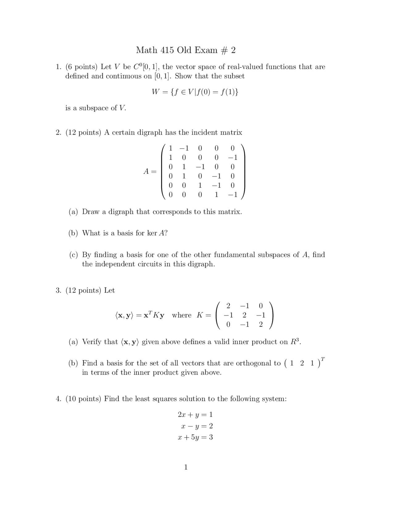 Applied Linear Algebra Past Exam 2 Math 415 Docsity