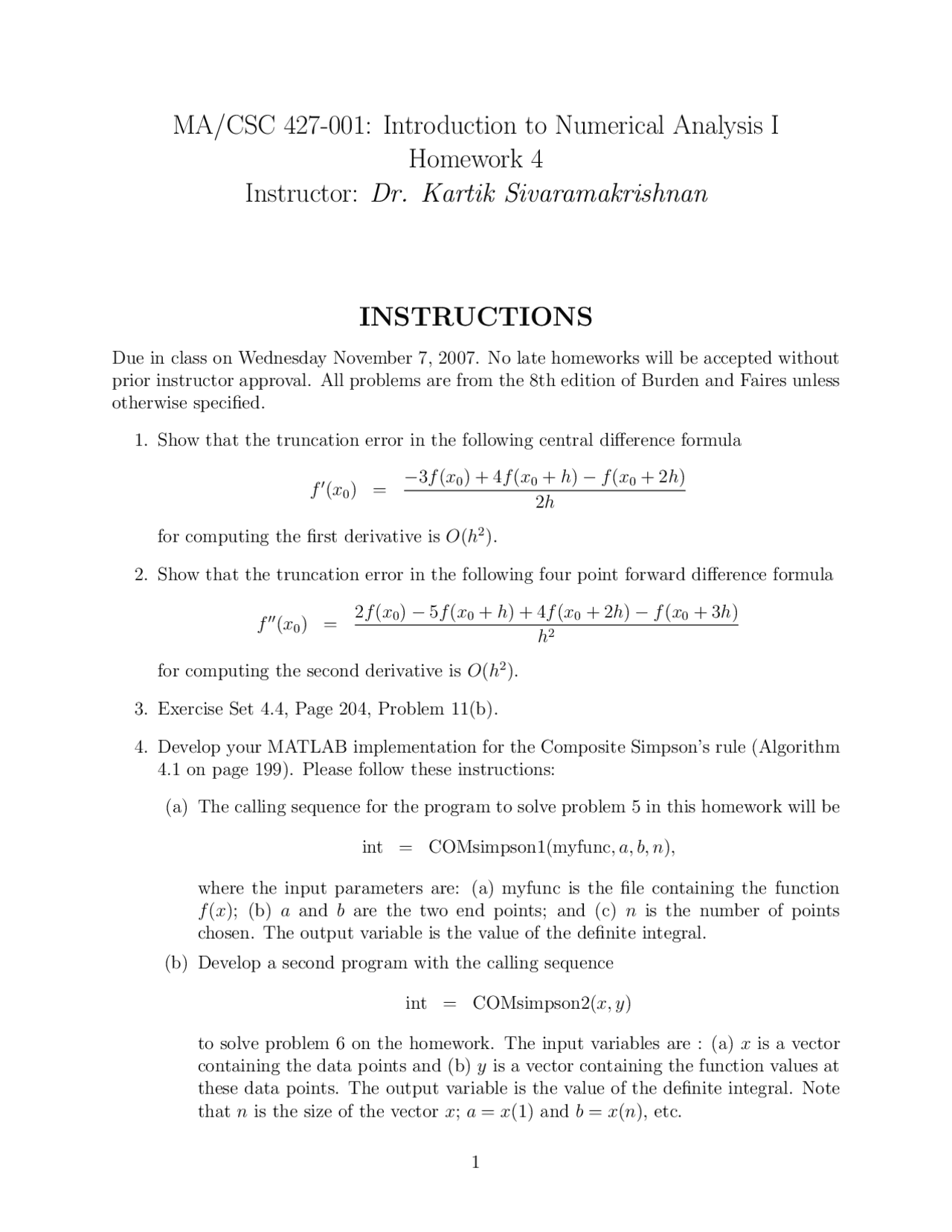 Homework 4 Introduction To Numerical Analysis I Ma 427 Docsity