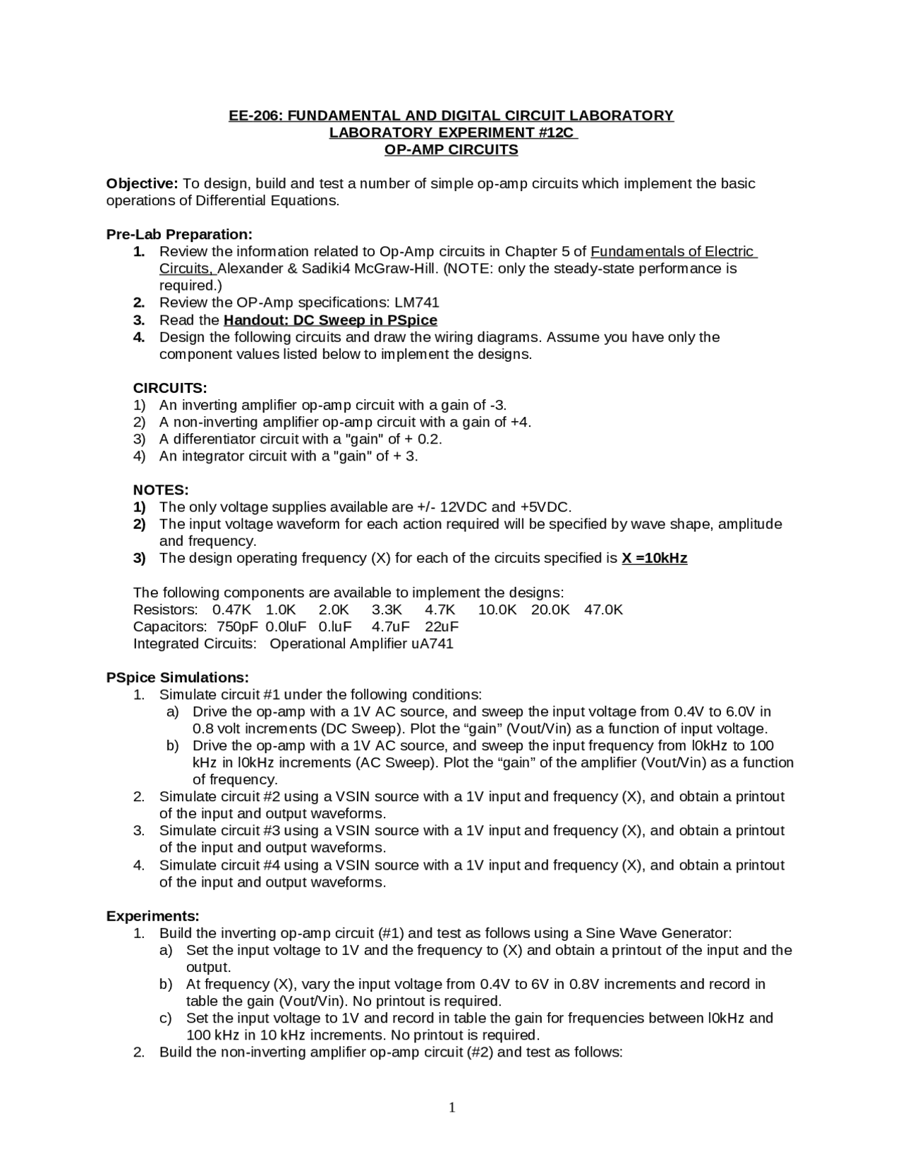 OP-AMP Circuits – Fundamental and Digital Circuit Laboratory | EE 206 - Docsity