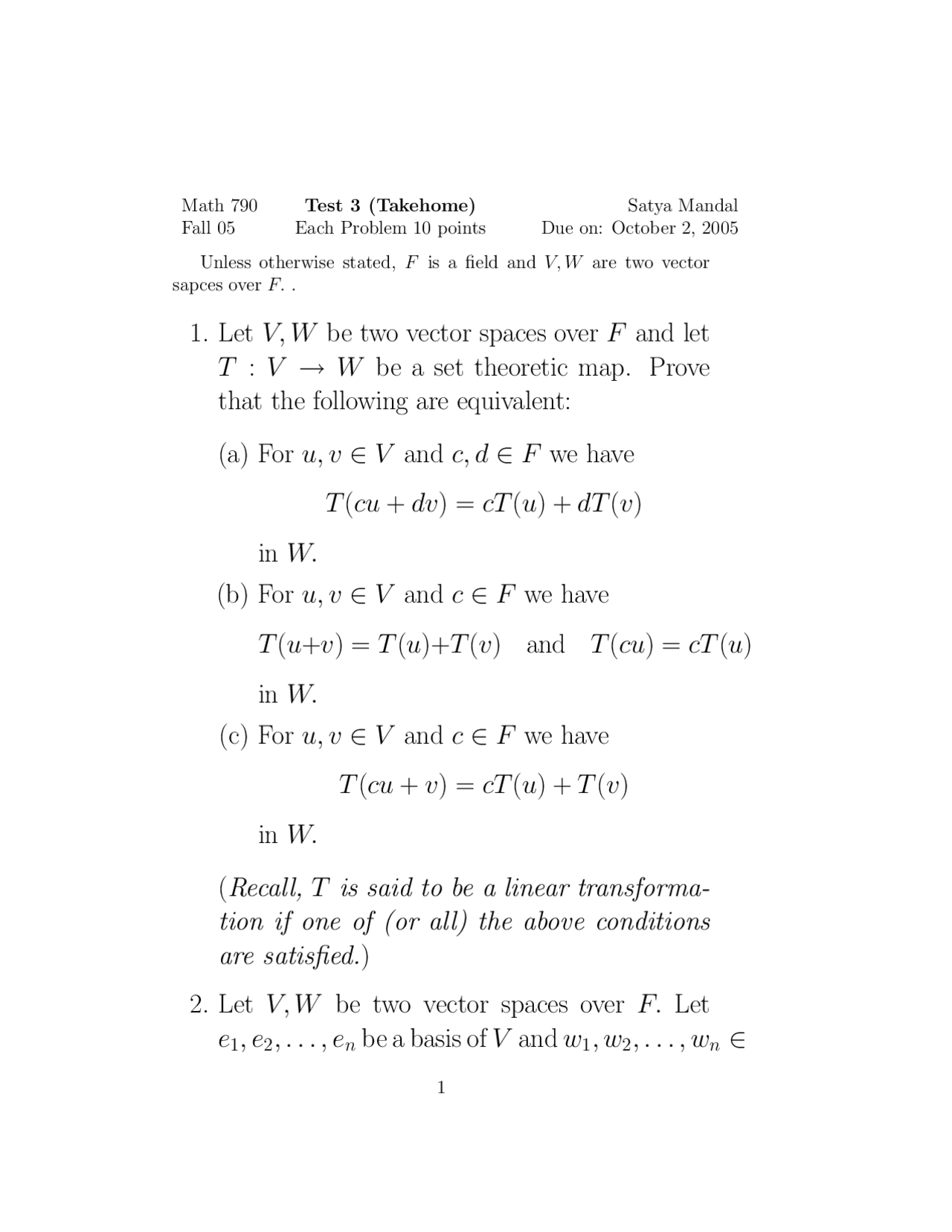 Take Home Test 3 Solutions Linear Algebra Ii Math 790 Docsity