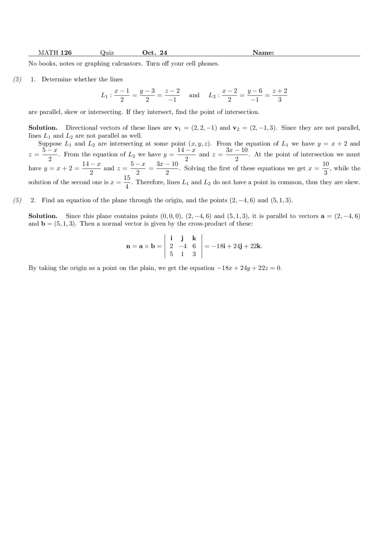Quiz Solutions For Math 126 Line Intersection And Plane Equation Quizzes Analytical Geometry