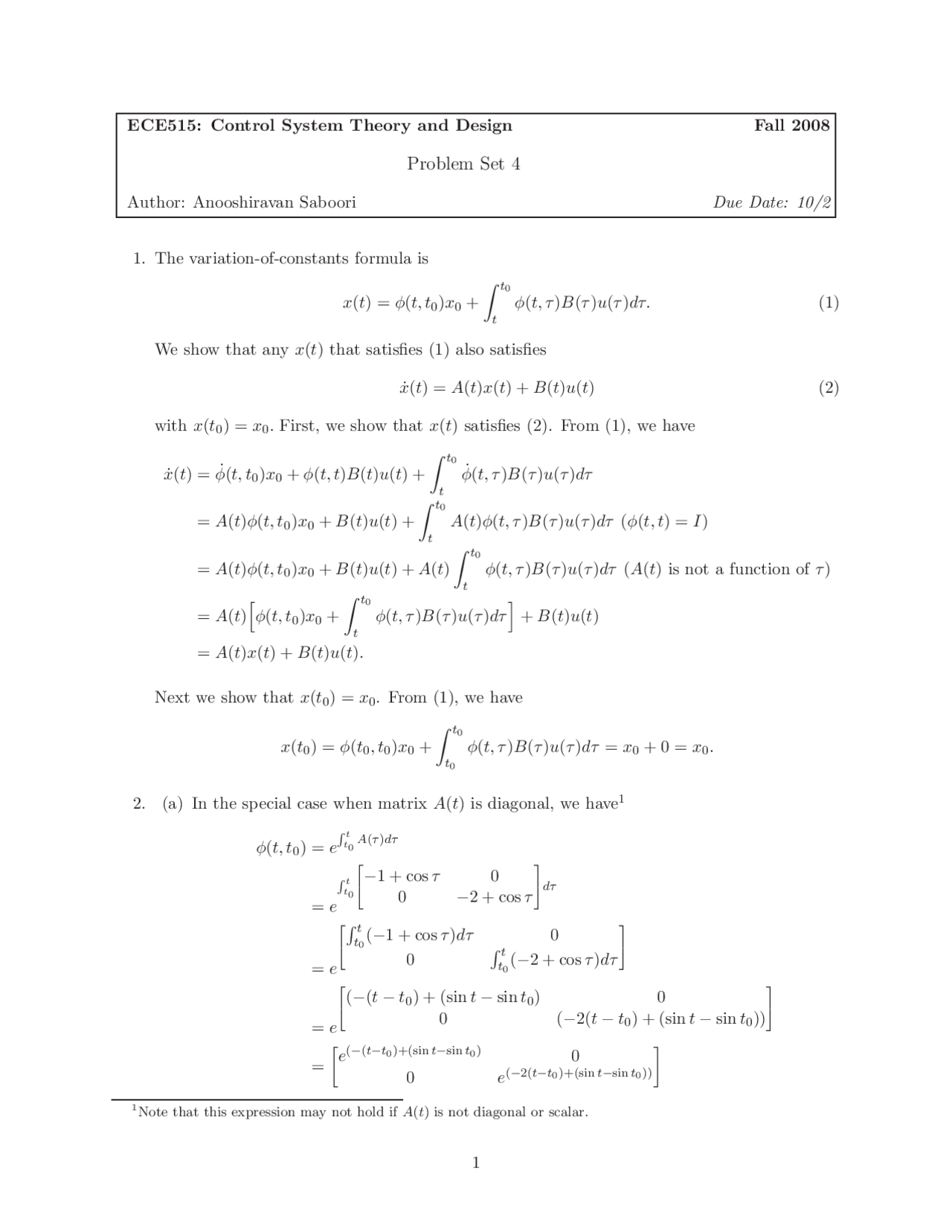 Assignment 4 Control System Theory And Design Ece 515 Docsity