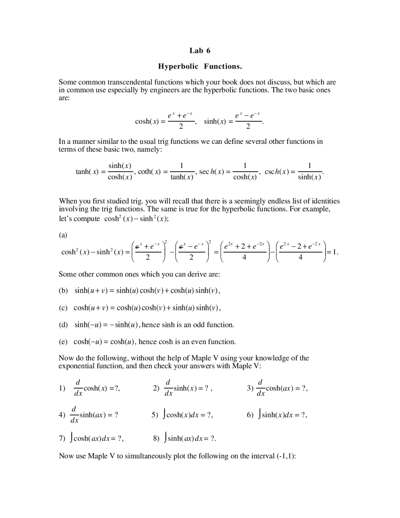 Hyperbolic Functions Lab 6 Calculus Ii Ma 241 Docsity