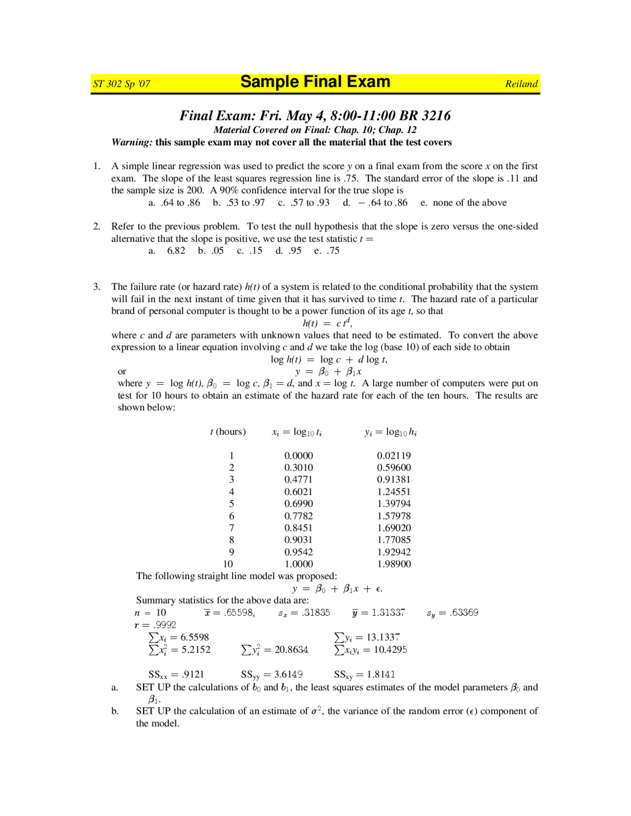 Questions For Sample Final Exam Static Methods St 302 Docsity