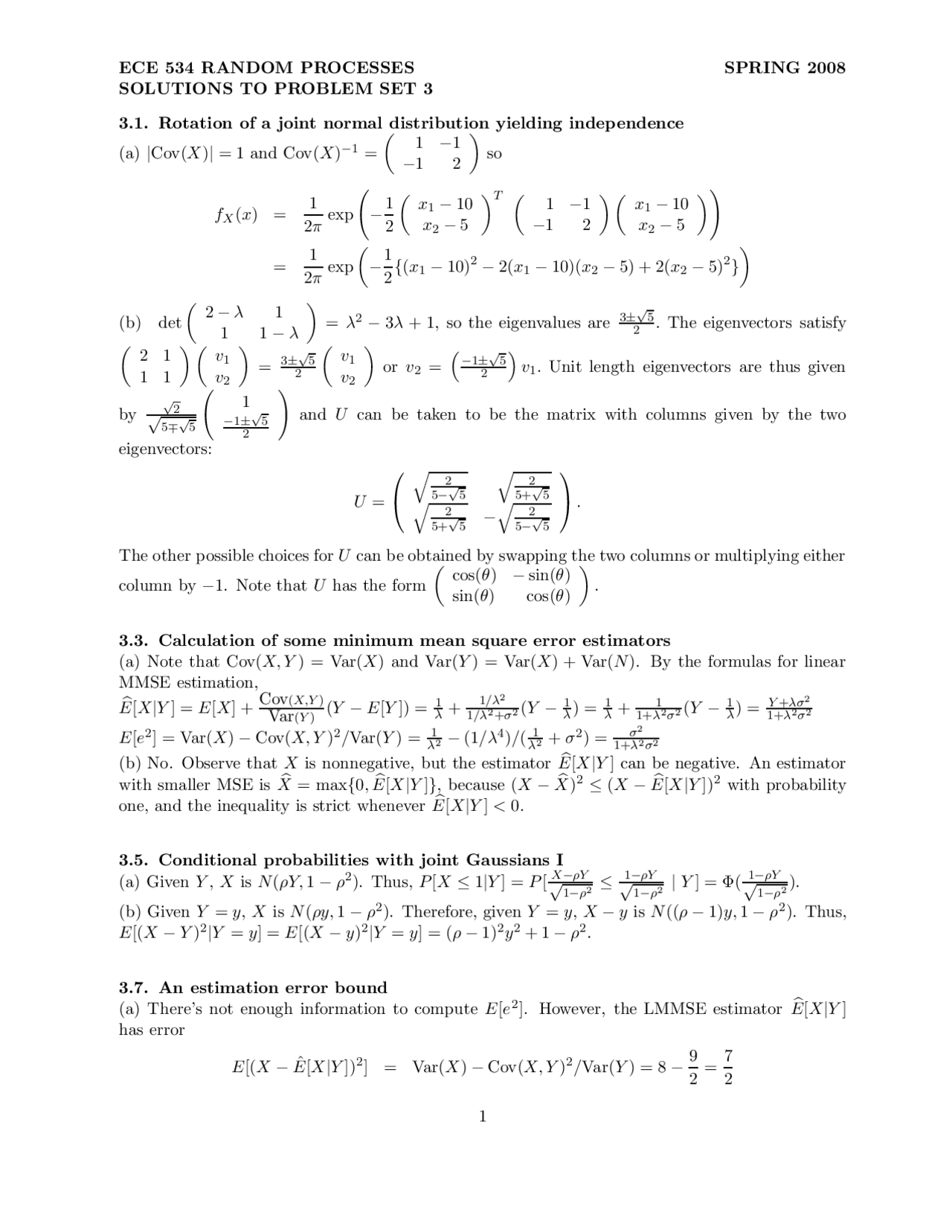 Problem Set 3 With Solutions Random Processes Ece 534 Assignments