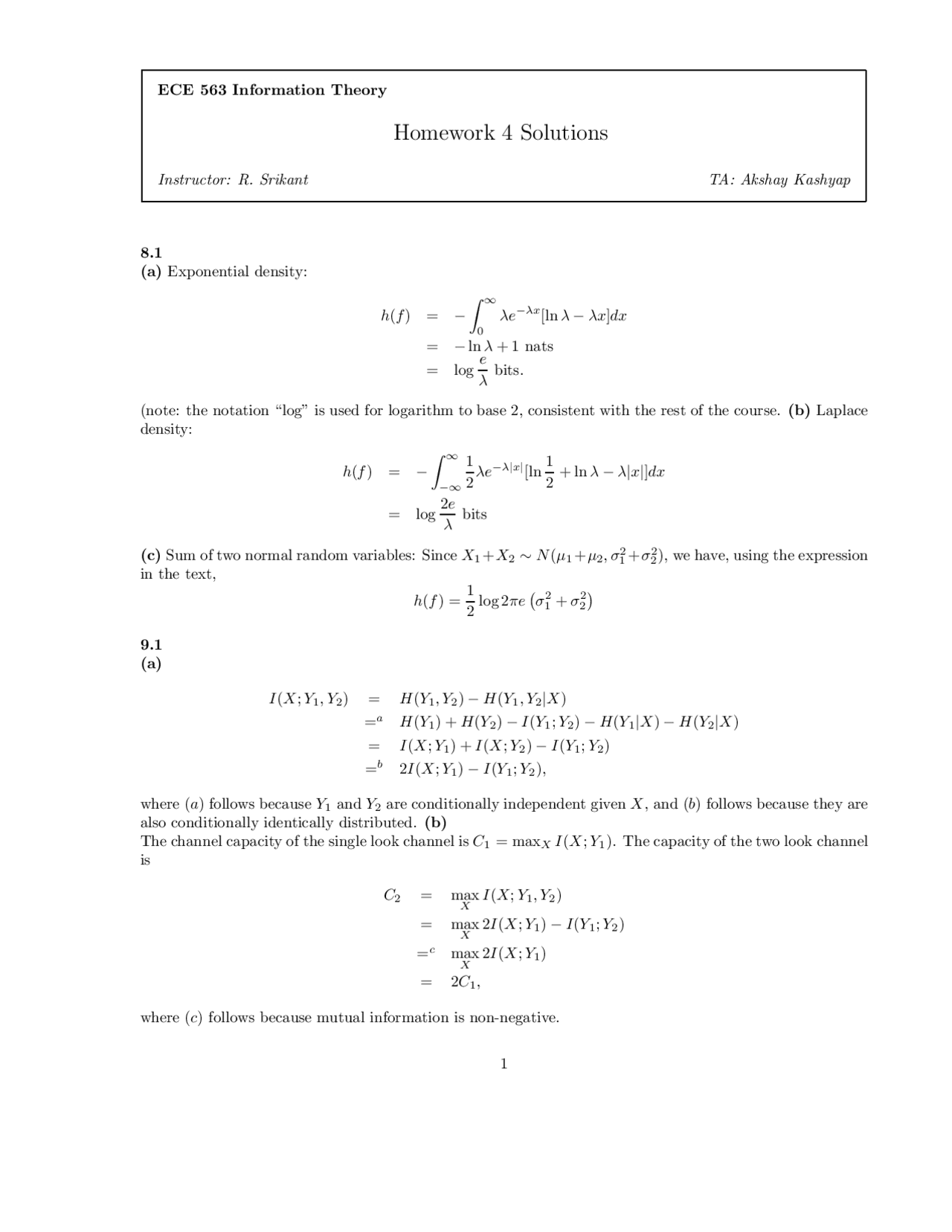 Homework 4 With Solutions Information Theory Ece 563 Docsity