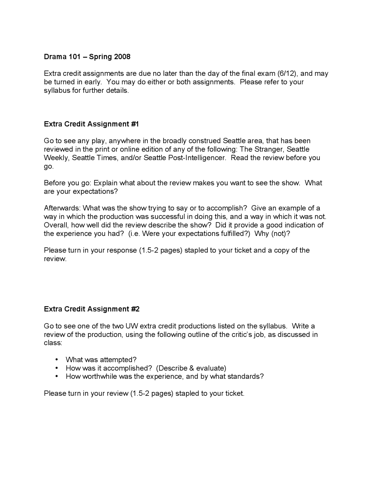 Drama Assignment 1 - Introduction to Theatre | DRAMA 101 - Docsity