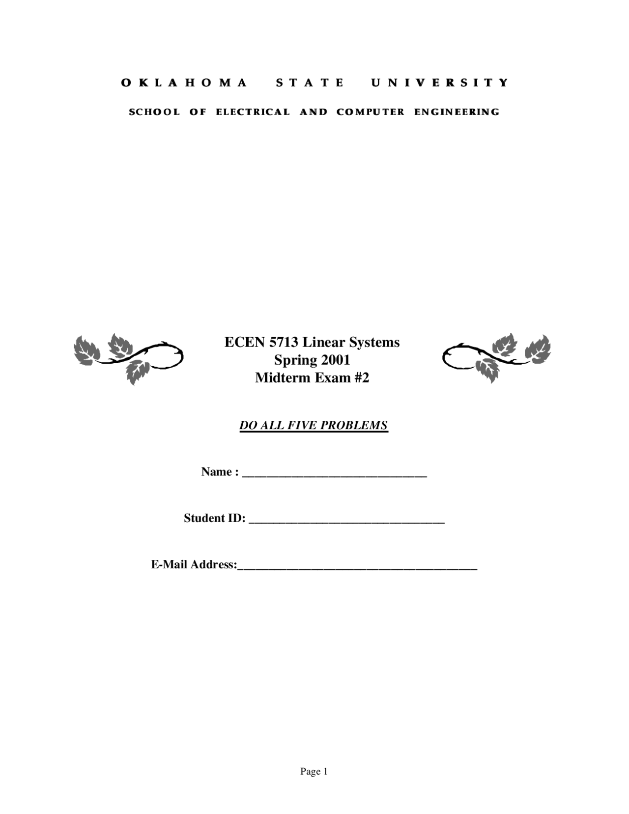 5 Problems On Linear Systems For Midterm Exam 2 Fall 2001 Ecen 5713