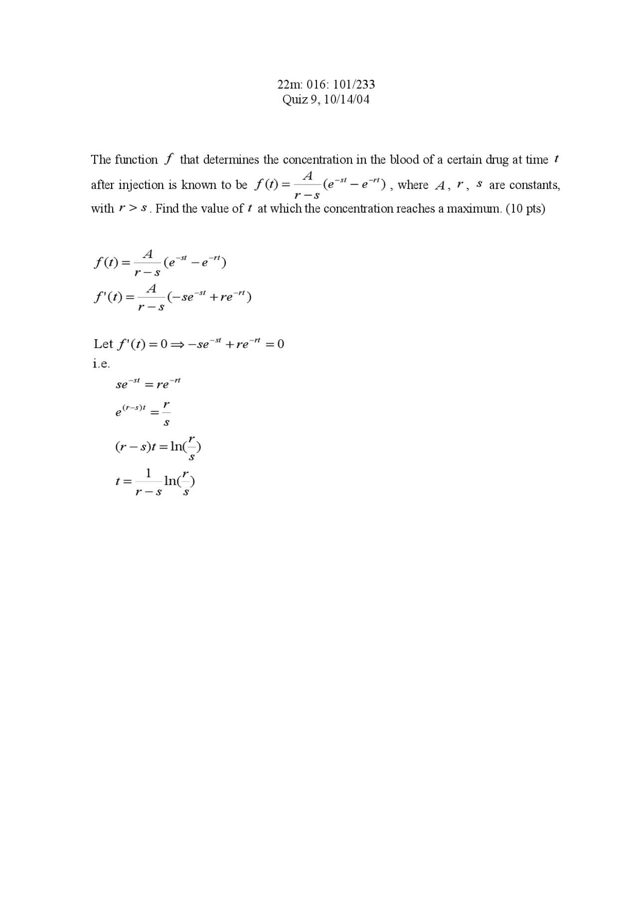 Quiz 9 Calculus For The Biological Sciences 22m 016 Docsity