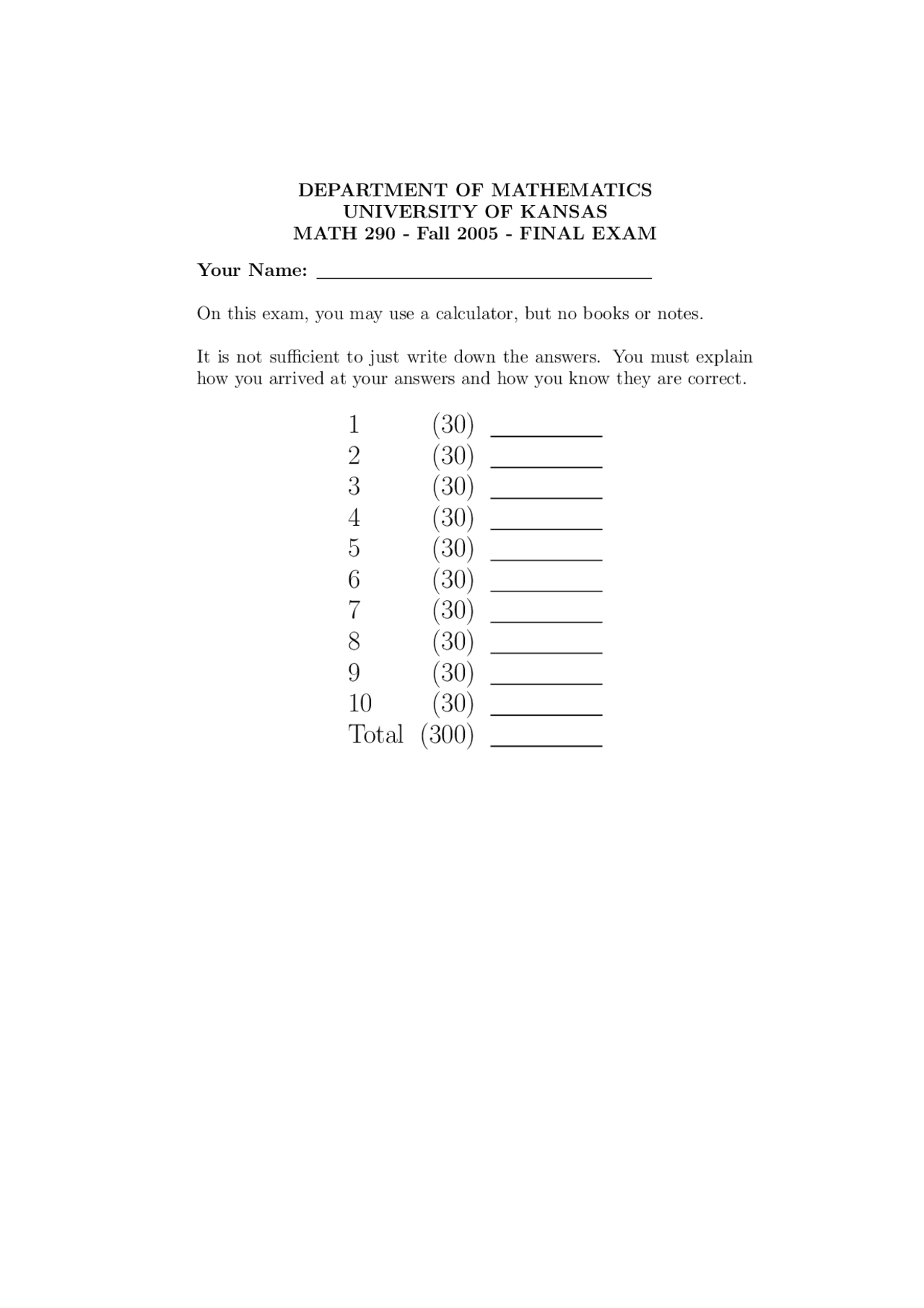 10 Questions Final Exam Elementary Linear Algebra Math 290 Docsity