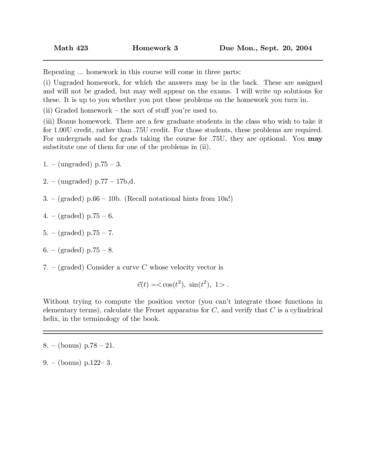 9 Questions For Homework 3 Differential Geometry Math 423 Docsity