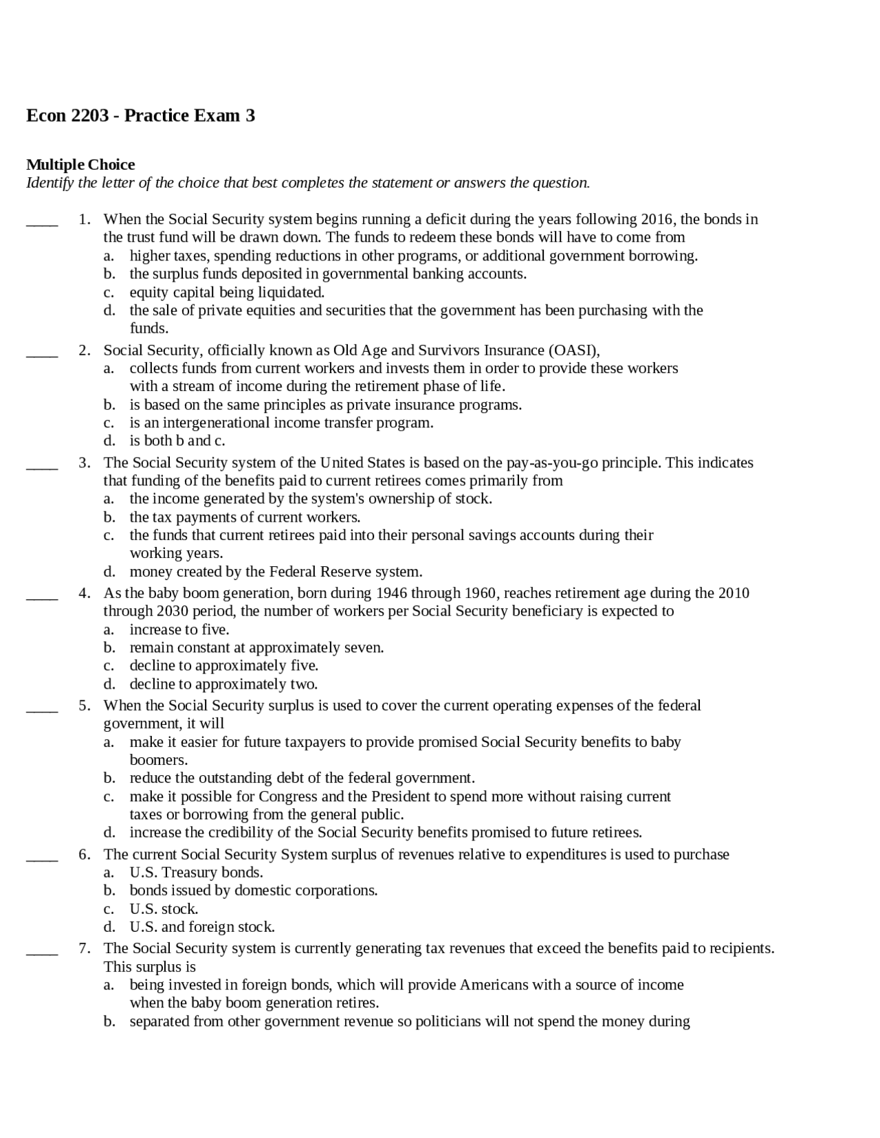 Practice Exam 3 Introduction To Macroeconomics Econ 2203 Docsity