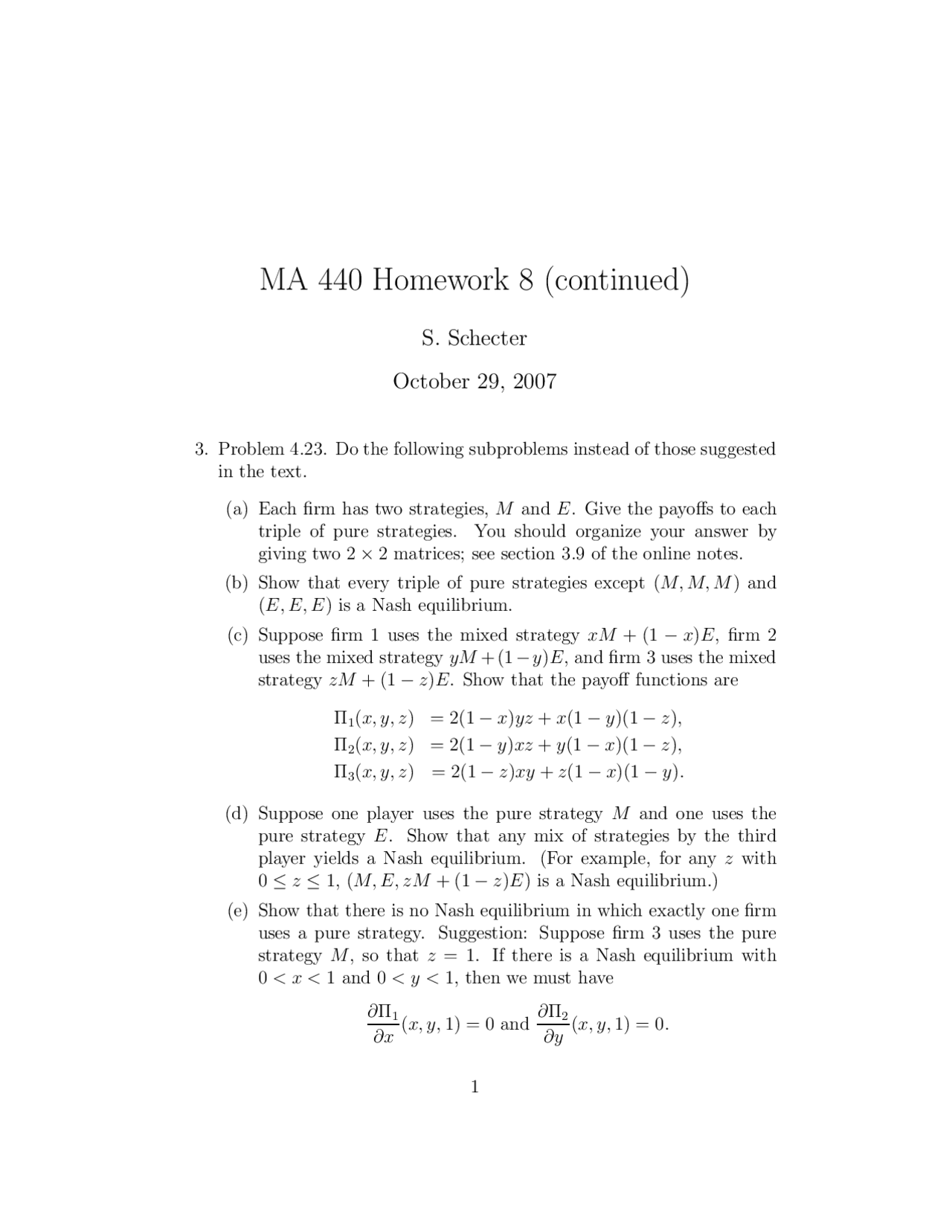 4 Problems On Game Theory Homework 8 Ma 440 Docsity
