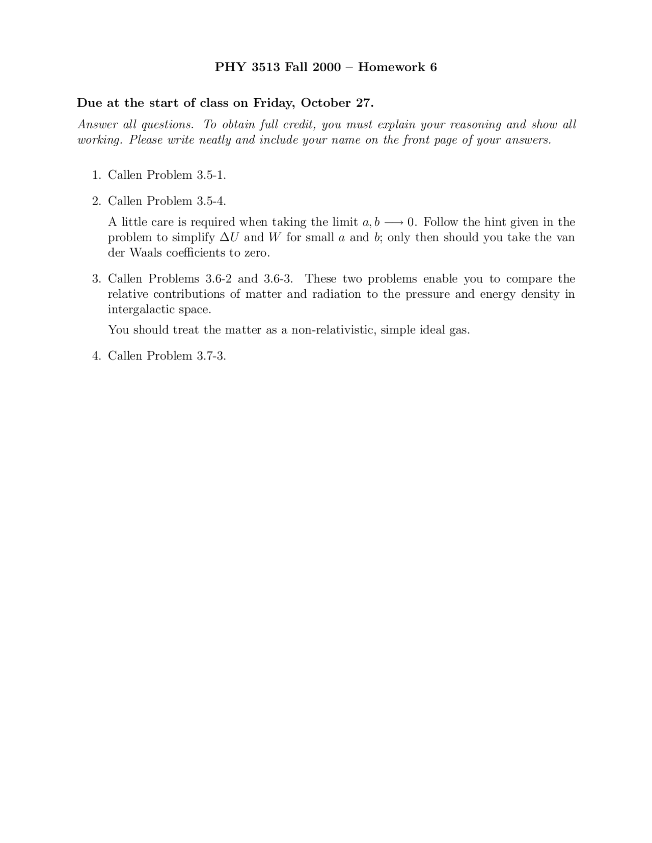 Thermal Physics Homework 6 Questions Phy 3513 Docsity