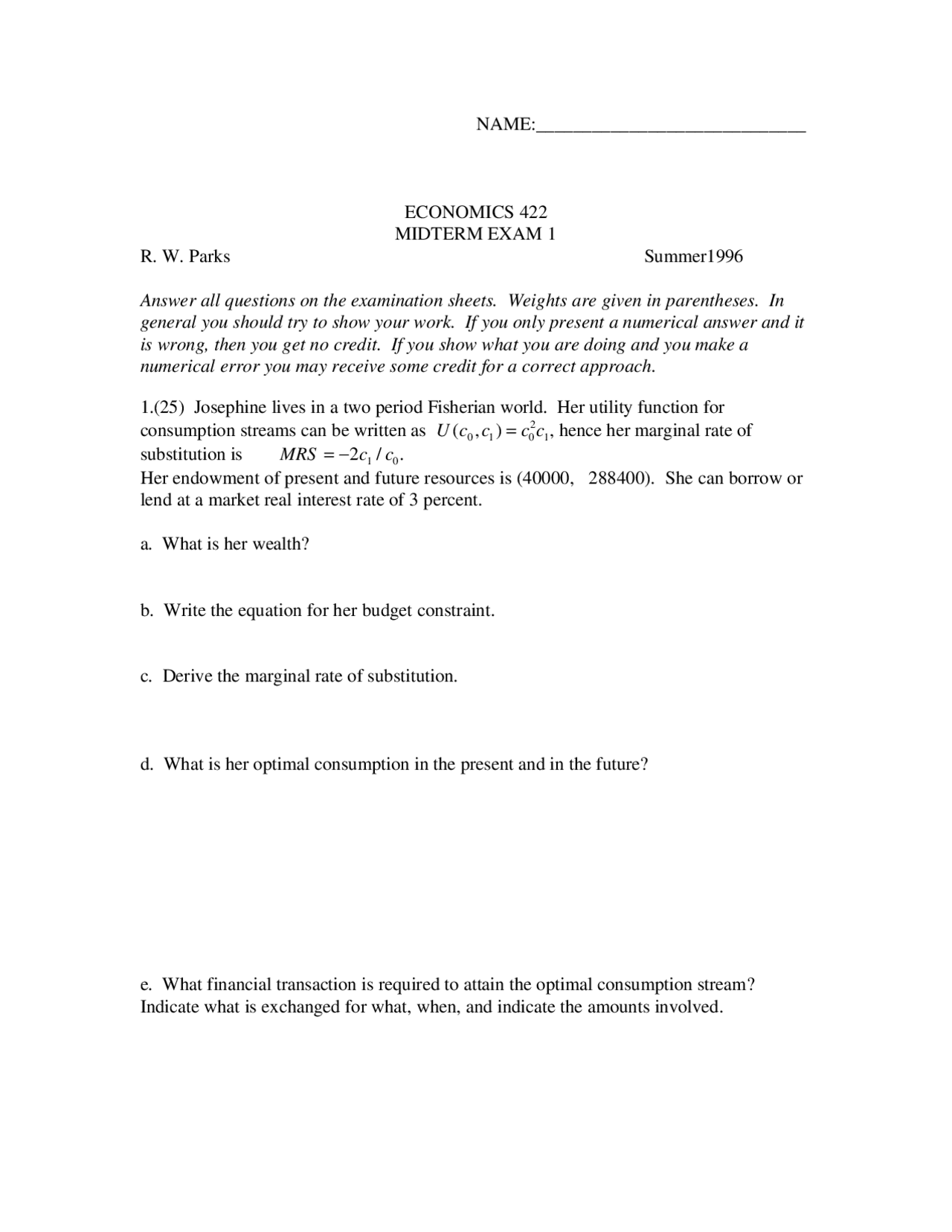 Midterm Exam 1 Questions - Investment, Capital, and Finance | ECON 422 - Docsity