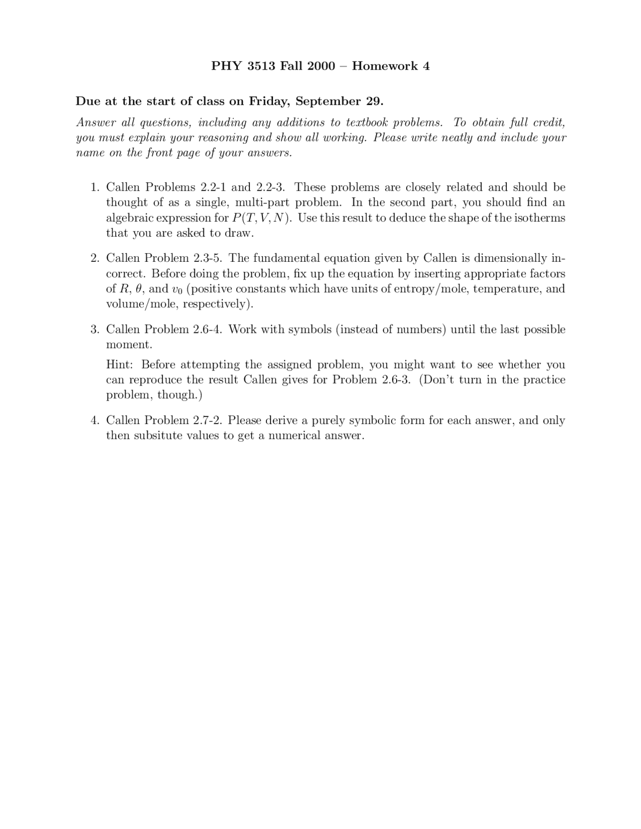 4 Questions On Homework 4 Thermal Physics Phy 3513 Docsity