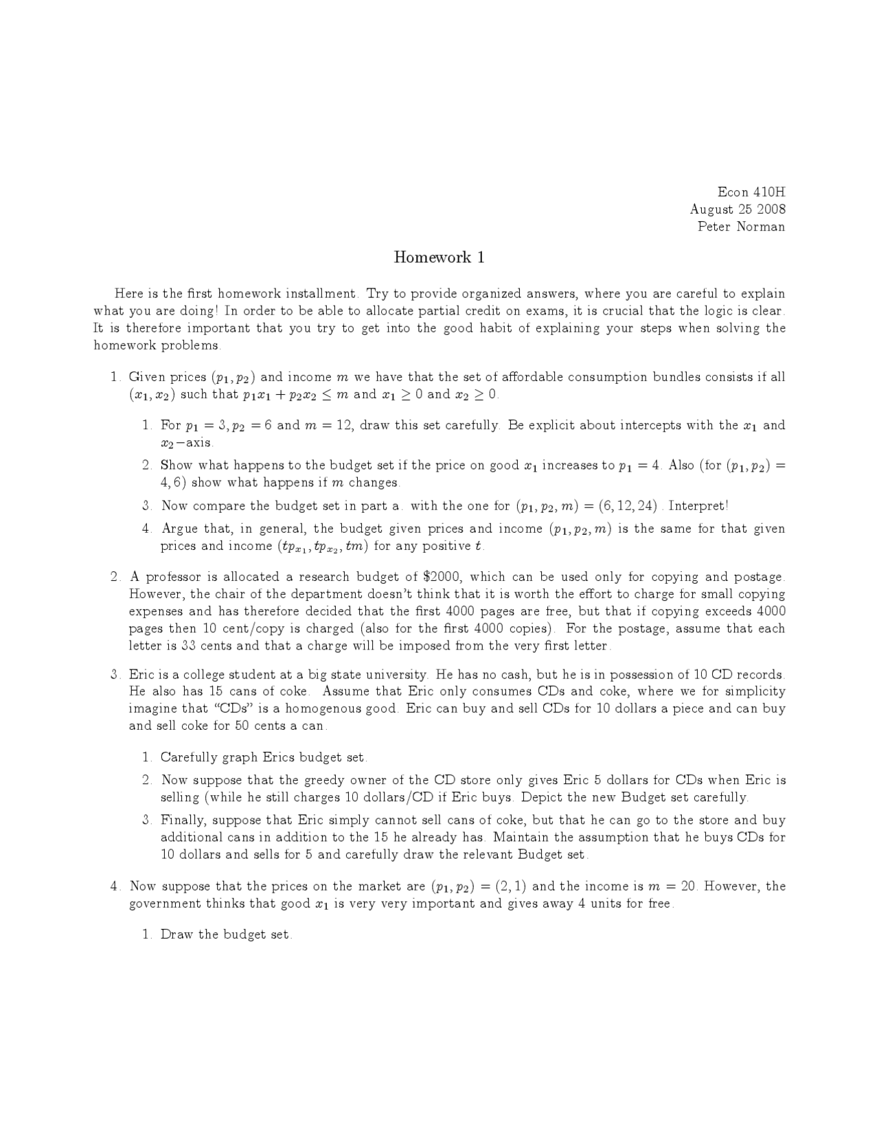 Homework 1 Problems For Intermediate Theory Price And Distribution