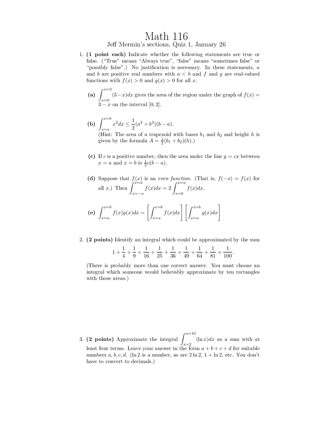 Quiz 1 Questions Unsolved Calculus Ii Math 116 Docsity