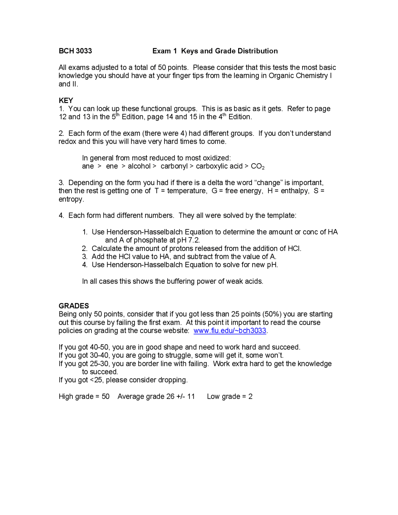 Keys And Grade Distributions General Biochemistry Bch 3033 Docsity